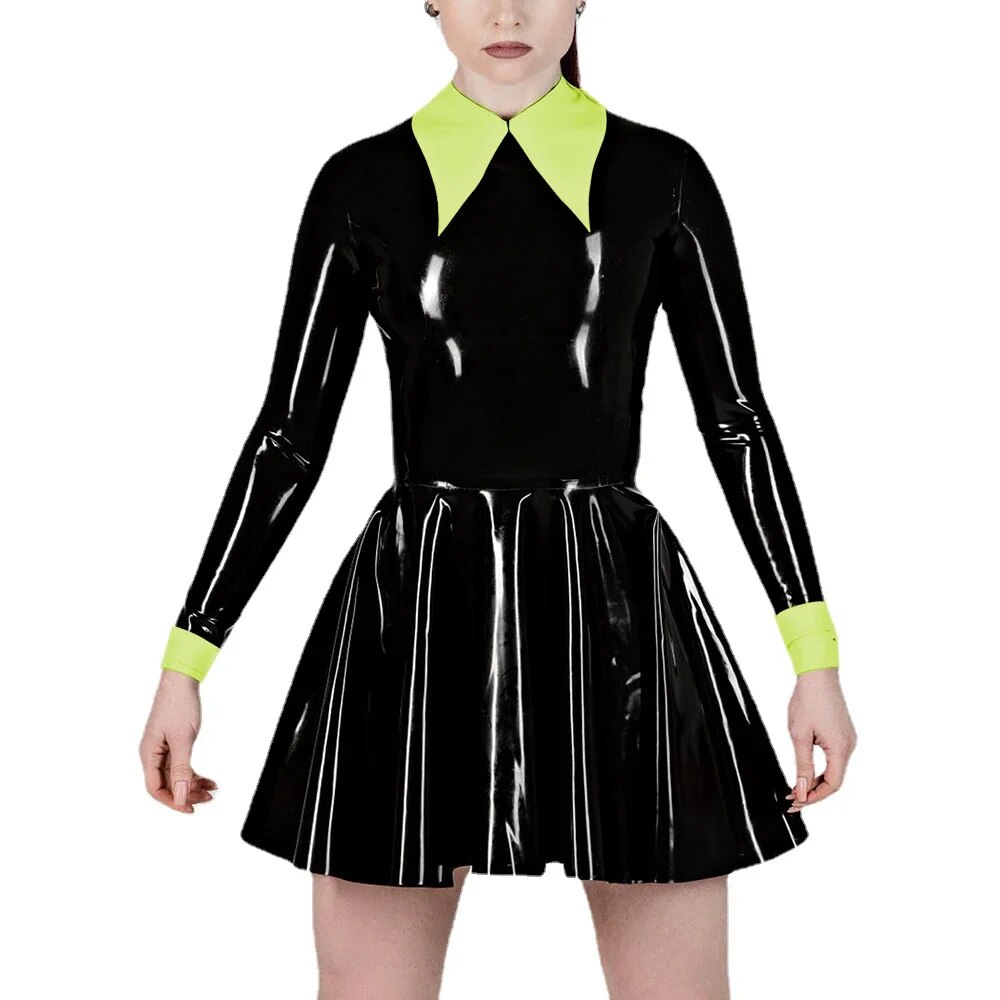 Fashion Women's Lapel Collar Fake Two Pieces A-Line Pleated Dress PVC ...