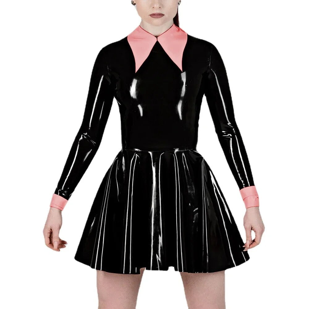 Fashion Women's Lapel Collar Fake Two Pieces A-Line Pleated Dress PVC ...