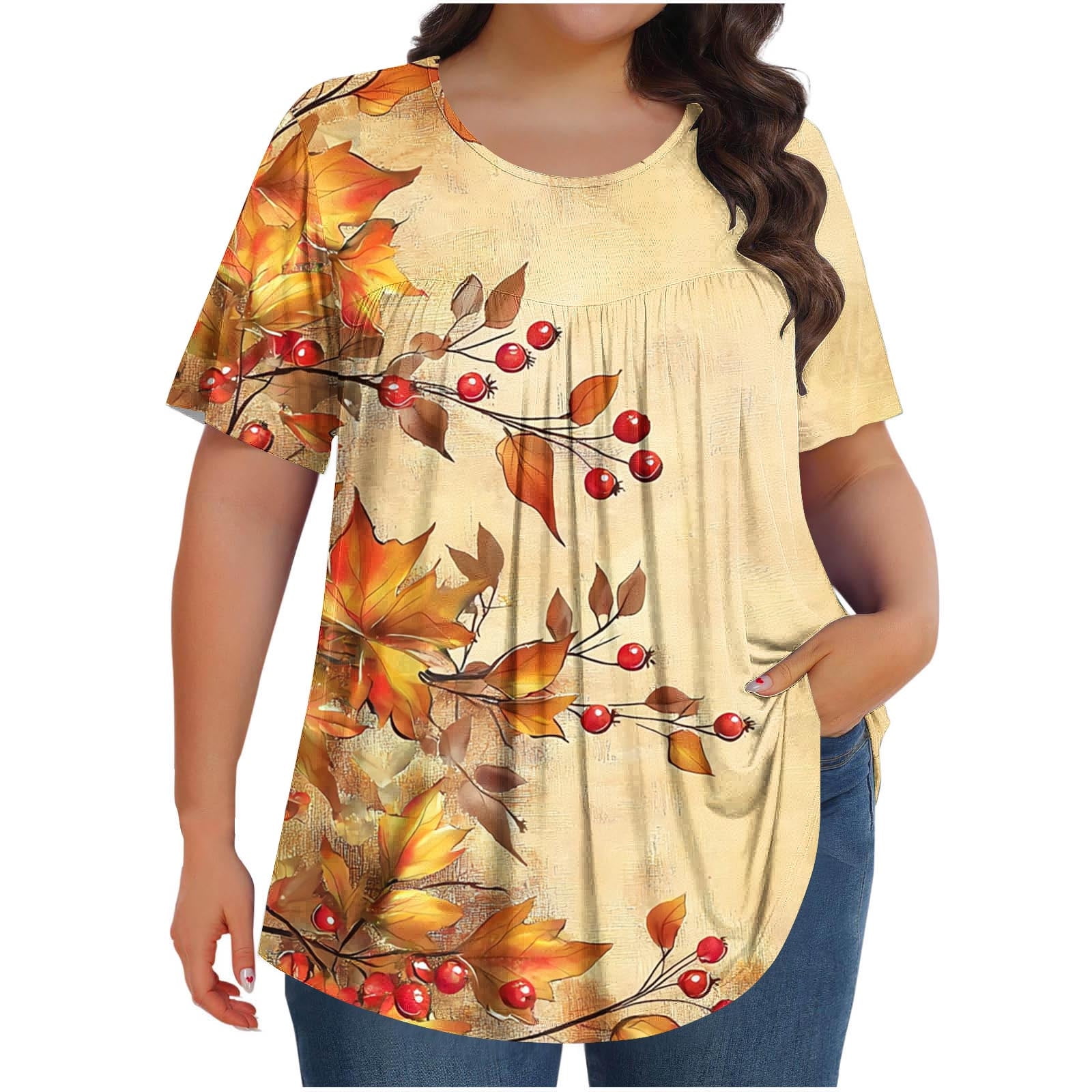 Fashion Women's Printed Plus Size Short Sleeve Solid Ladies Round Neck ...