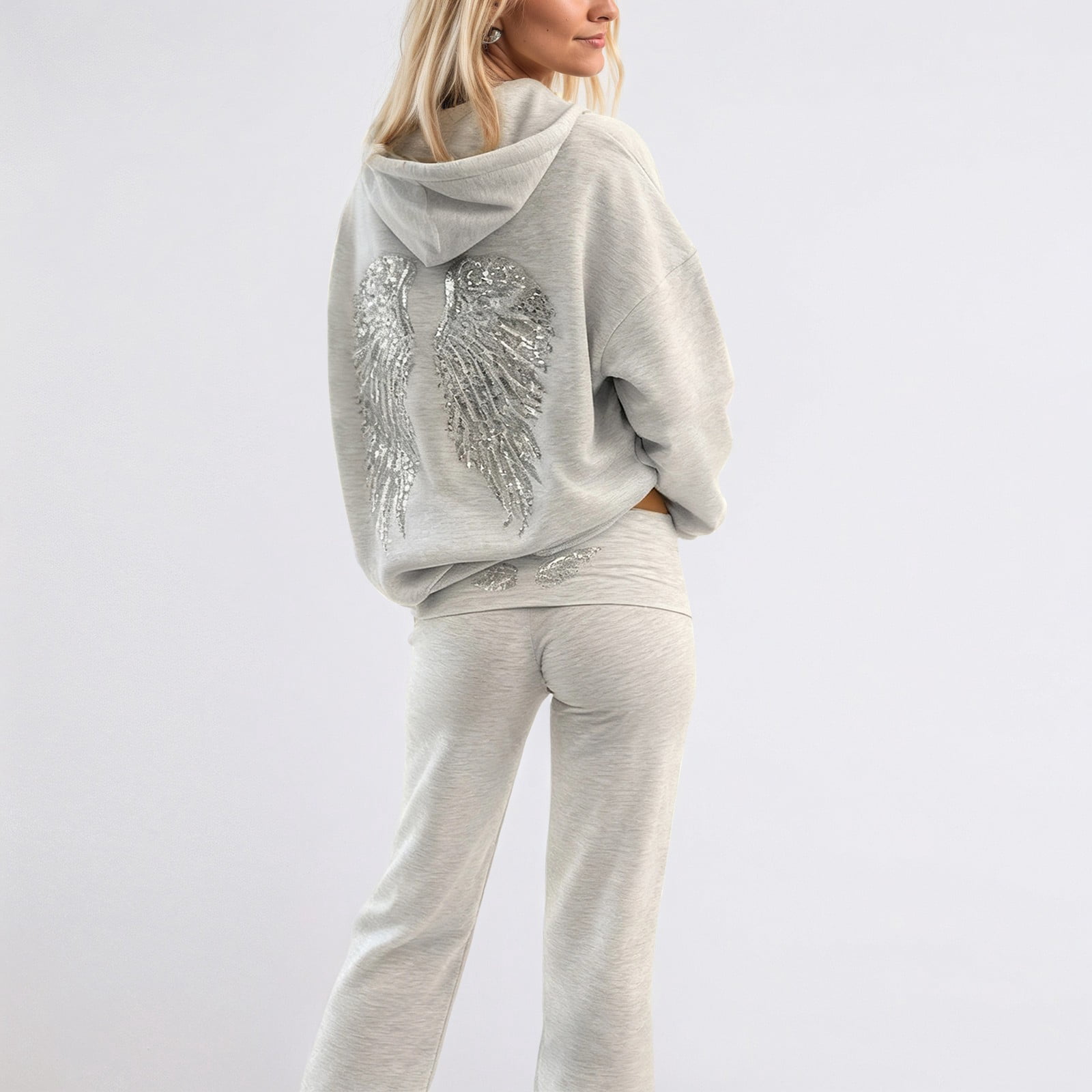Fashion Women's Sequin Angel Wings Hoodie Sweatsuits 2 Piece Outfit ...