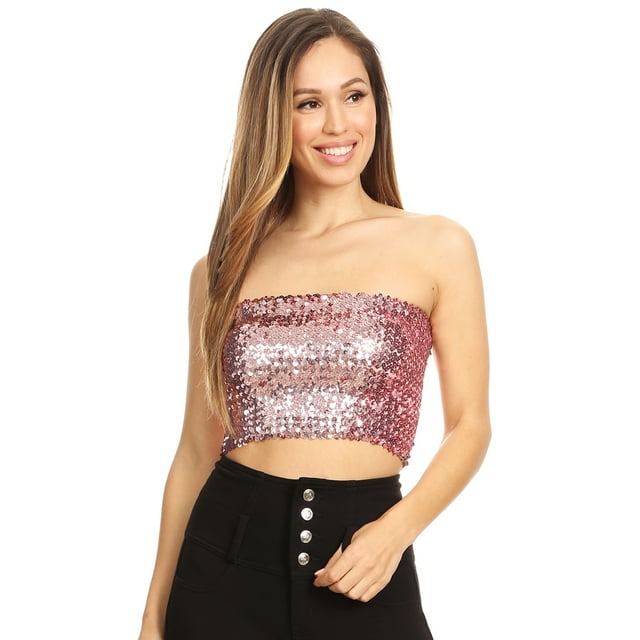 Fashion Womens Shiny Sequin Party Cropped Strapless Bandeau Stretch ...
