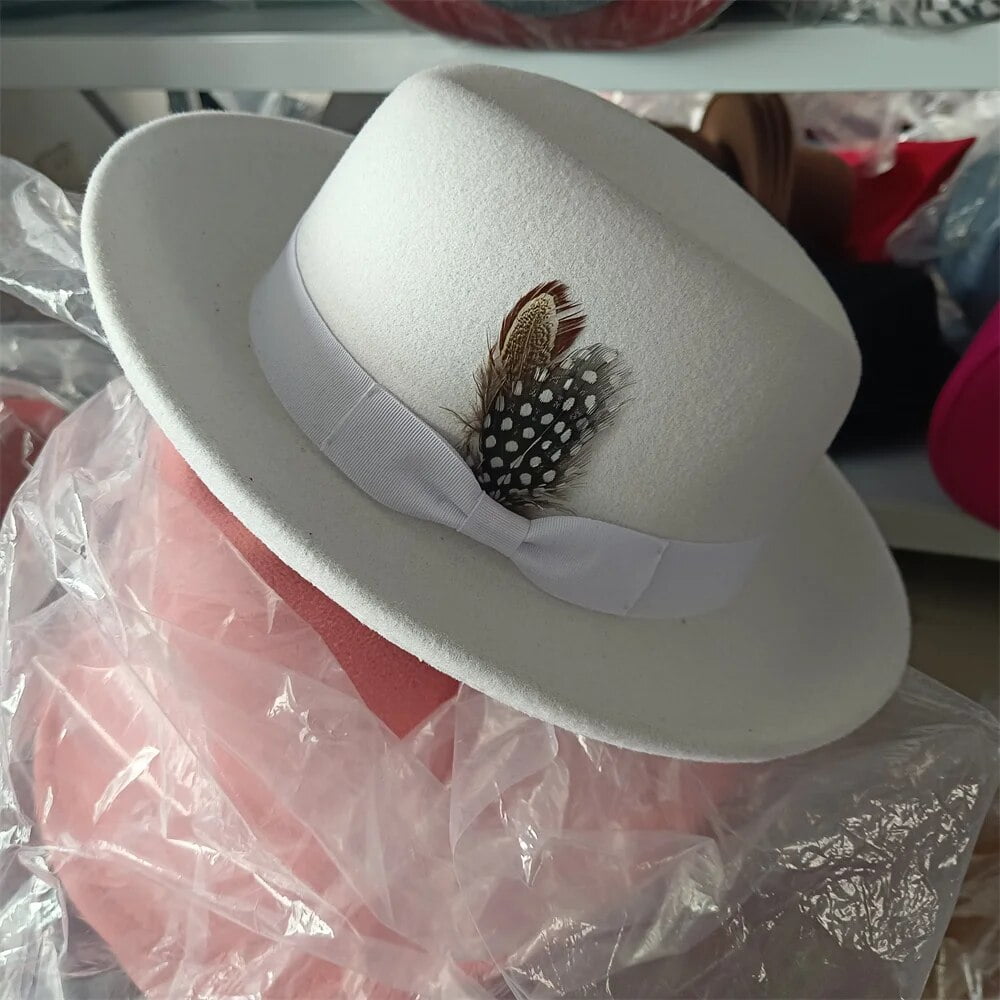 Fashion Wool Men Women Feather Fedora Hat For Winter Autumn Church ...