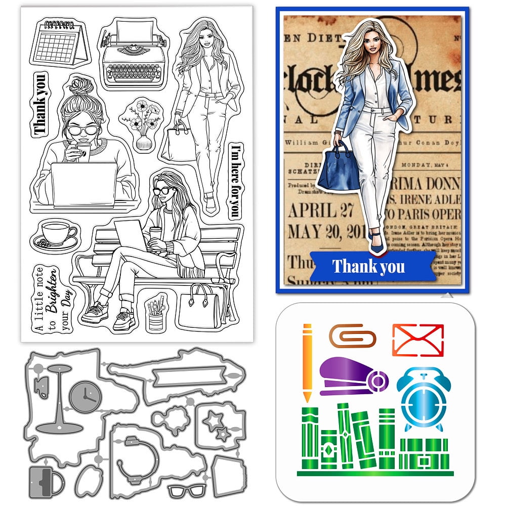 Fashion Working Woman Clear Stamps Cutting Dies PET Painting Stencils ...