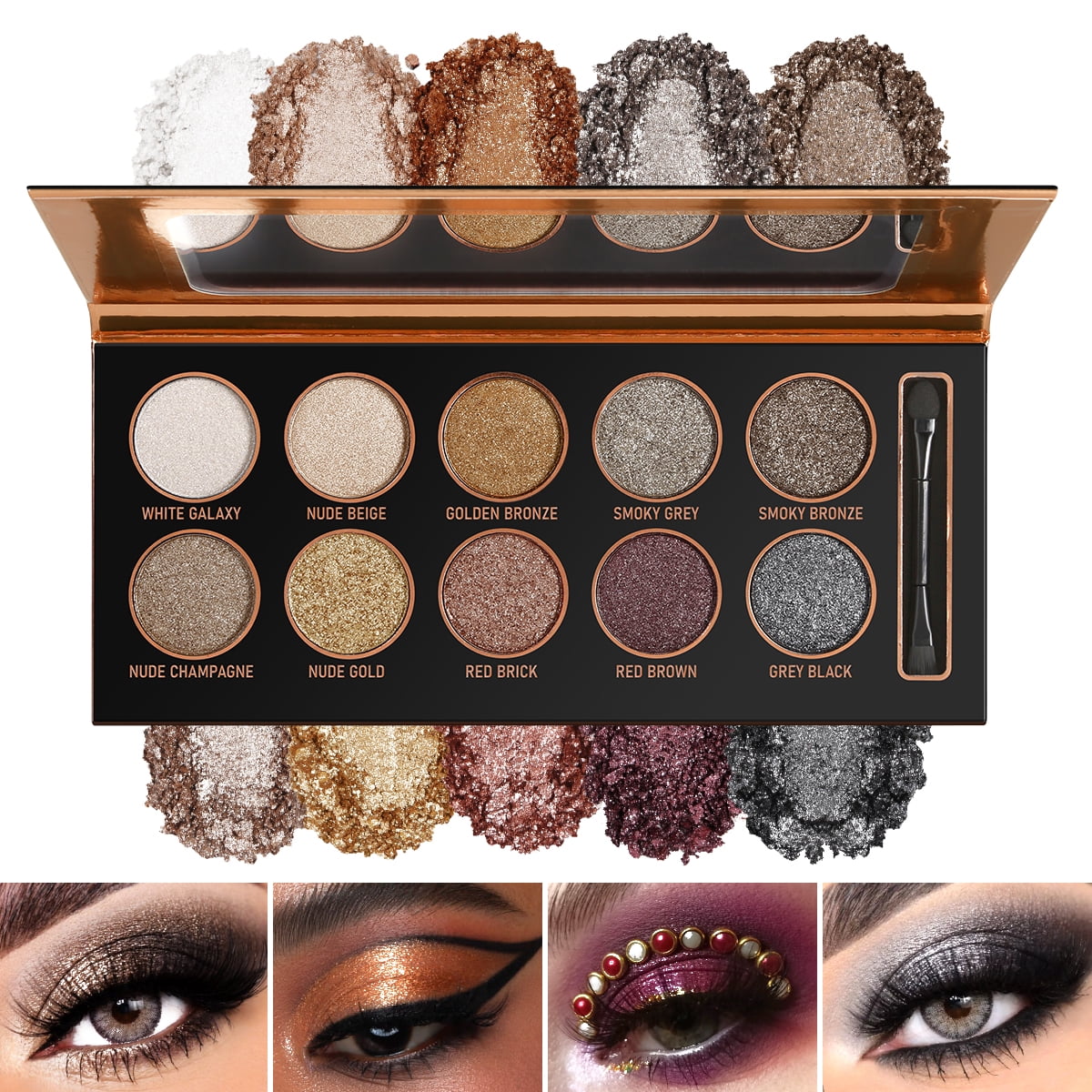 Fashion rose gold full pearlescent eyeshadow palette with 10 colors, Neutral basic and versatile ...