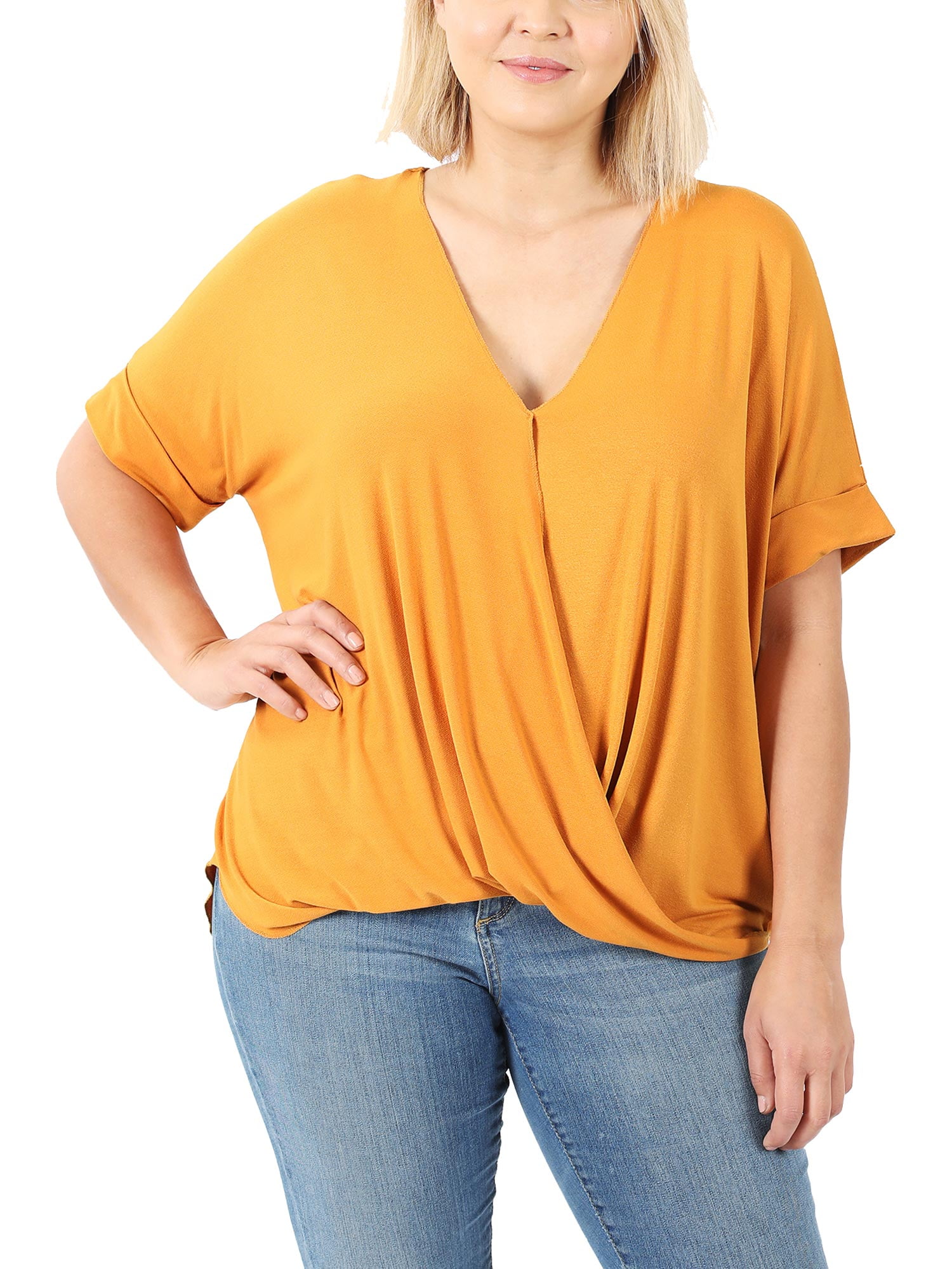 FashionMille Plus Size Women's V-Neck Draping Front Cross High Low ...