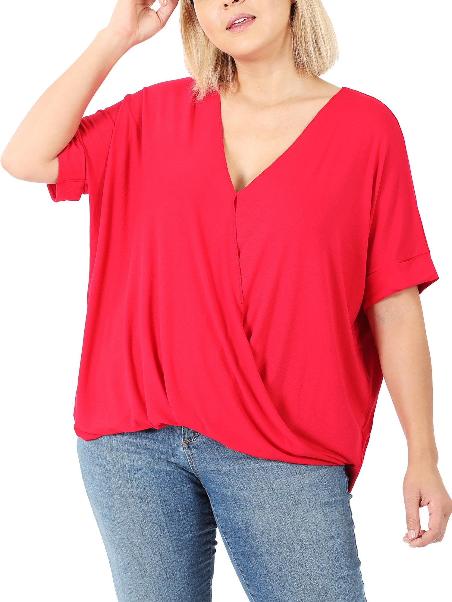 FashionMille Plus Size Women's V-Neck Draping Front Cross High Low ...