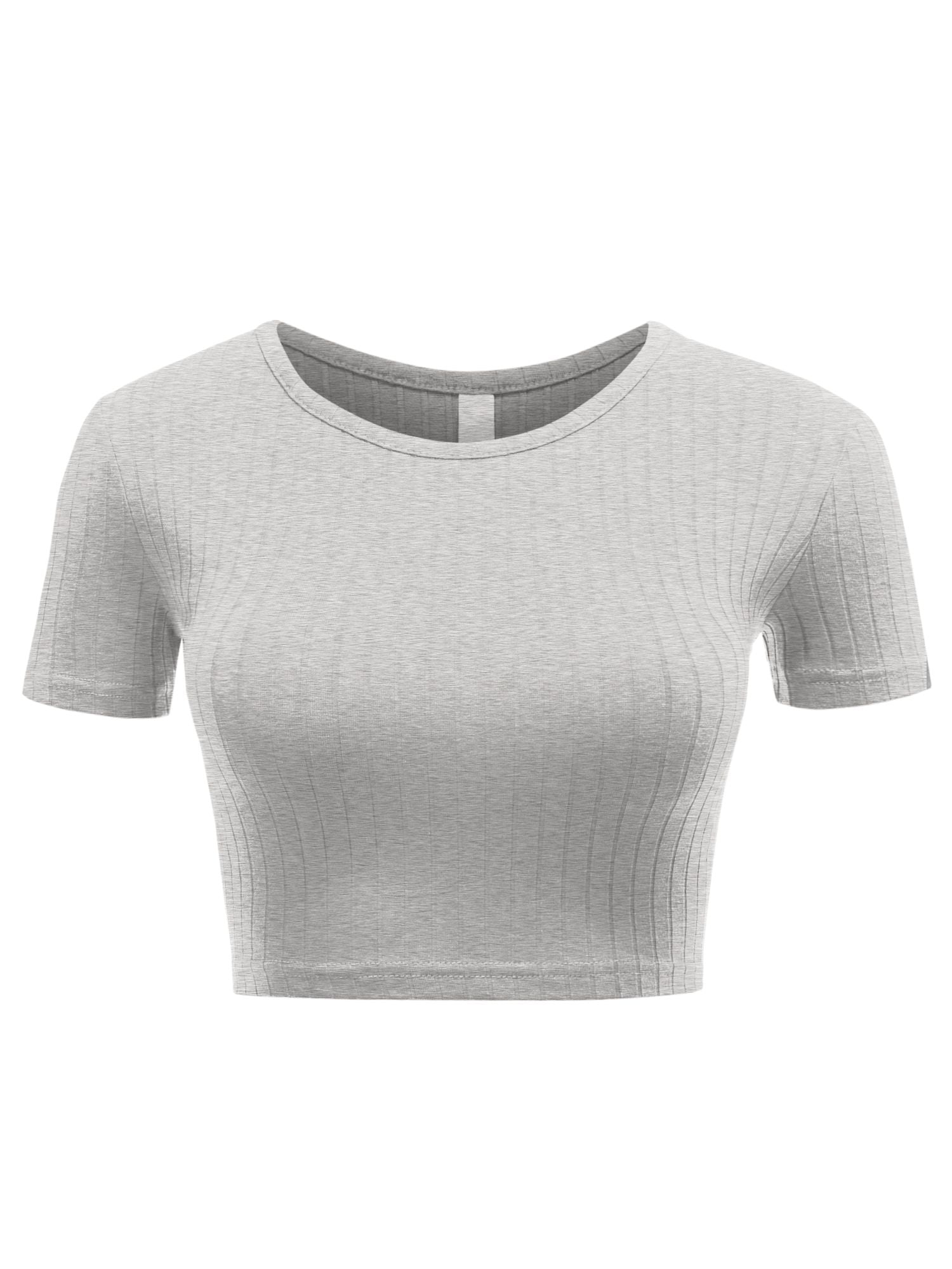 FashionMille Women's Basic Solid Crew Neck Stretch Ribbed Knit Short ...
