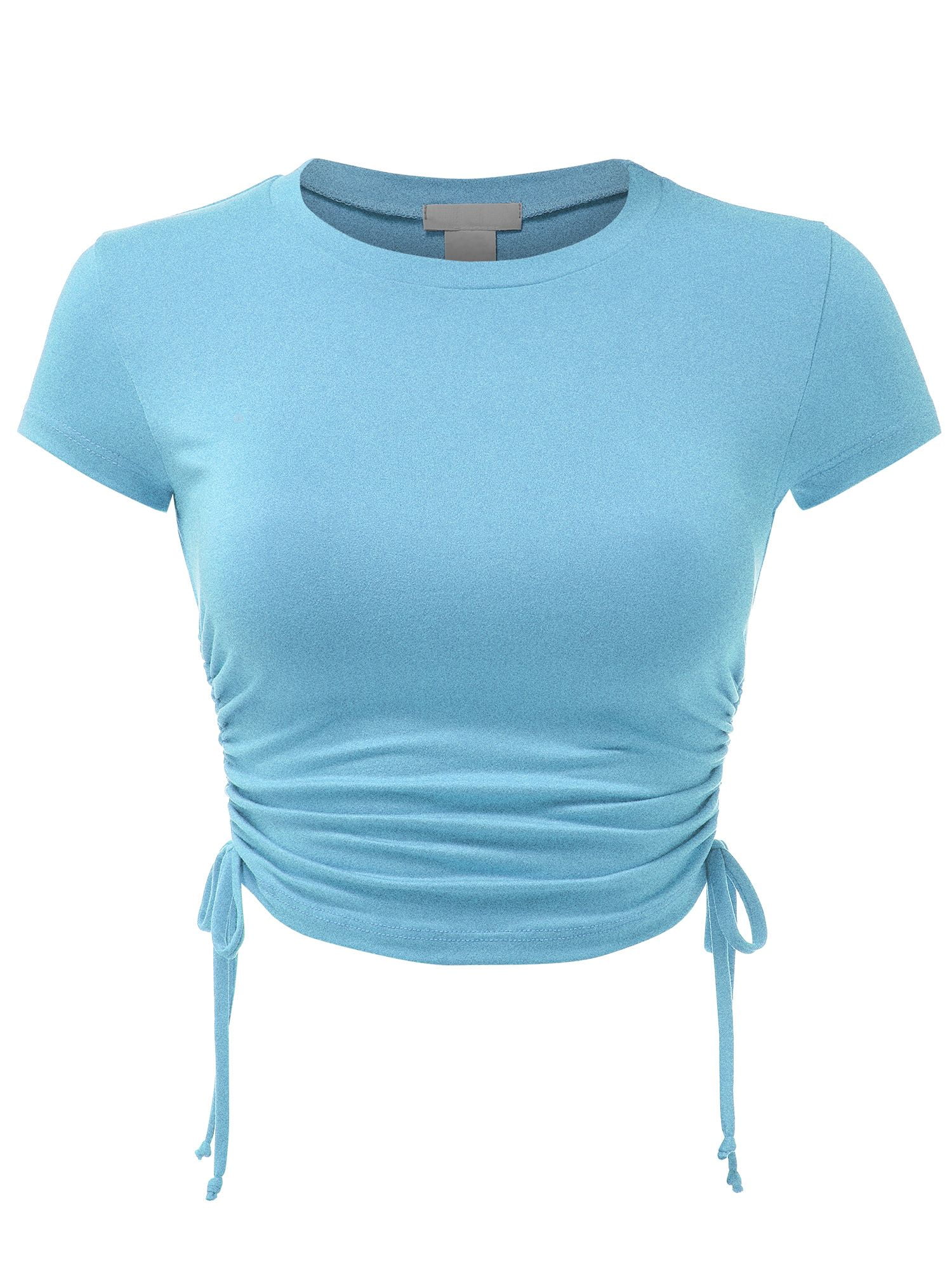 FashionMille Women's Ruched Side Shierred String Trim Short Sleeve Soft ...