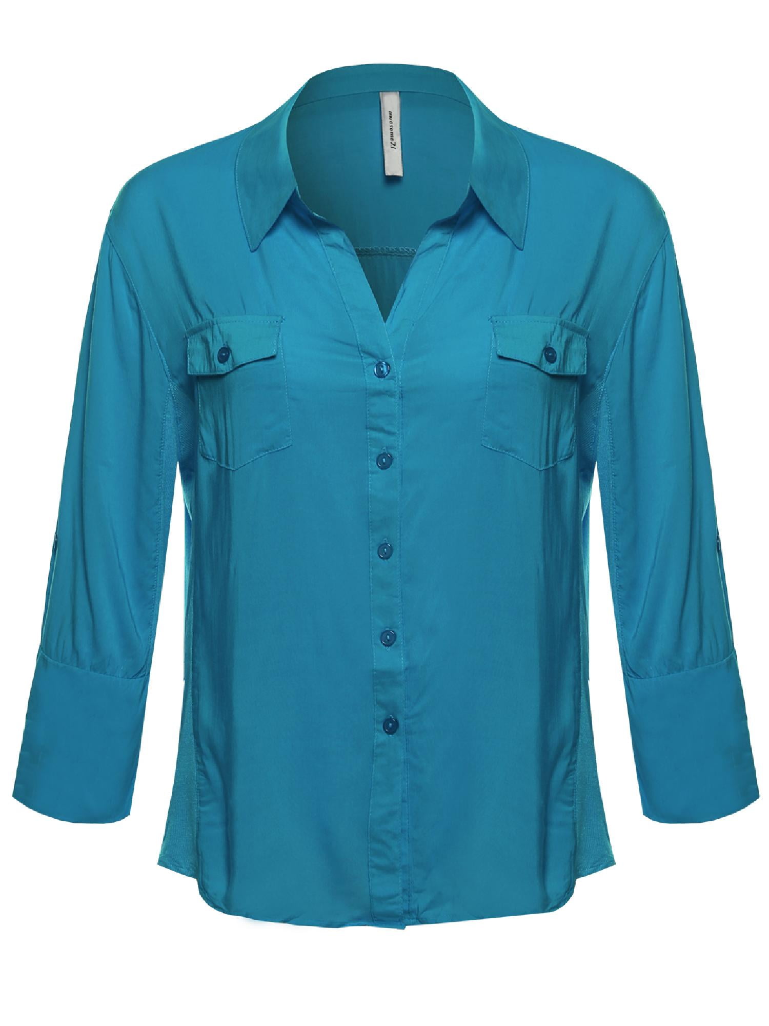 FashionOutfit Women's Basic Button Down Blouse w/ Ribbed Sides ...