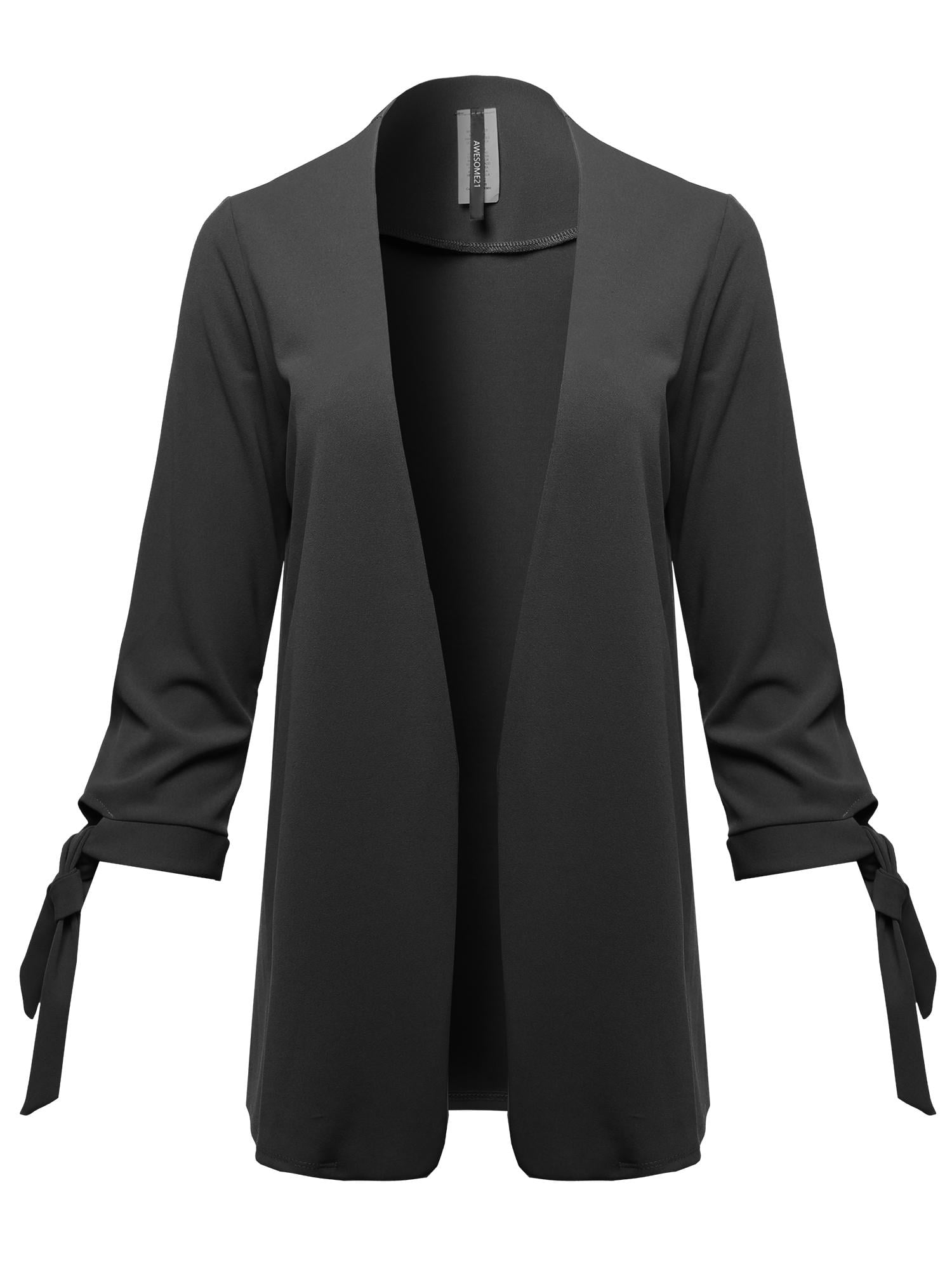 FashionOutfit Women's Casual Solid Tied-Up 3/4 Sleeve Open Blazer ...