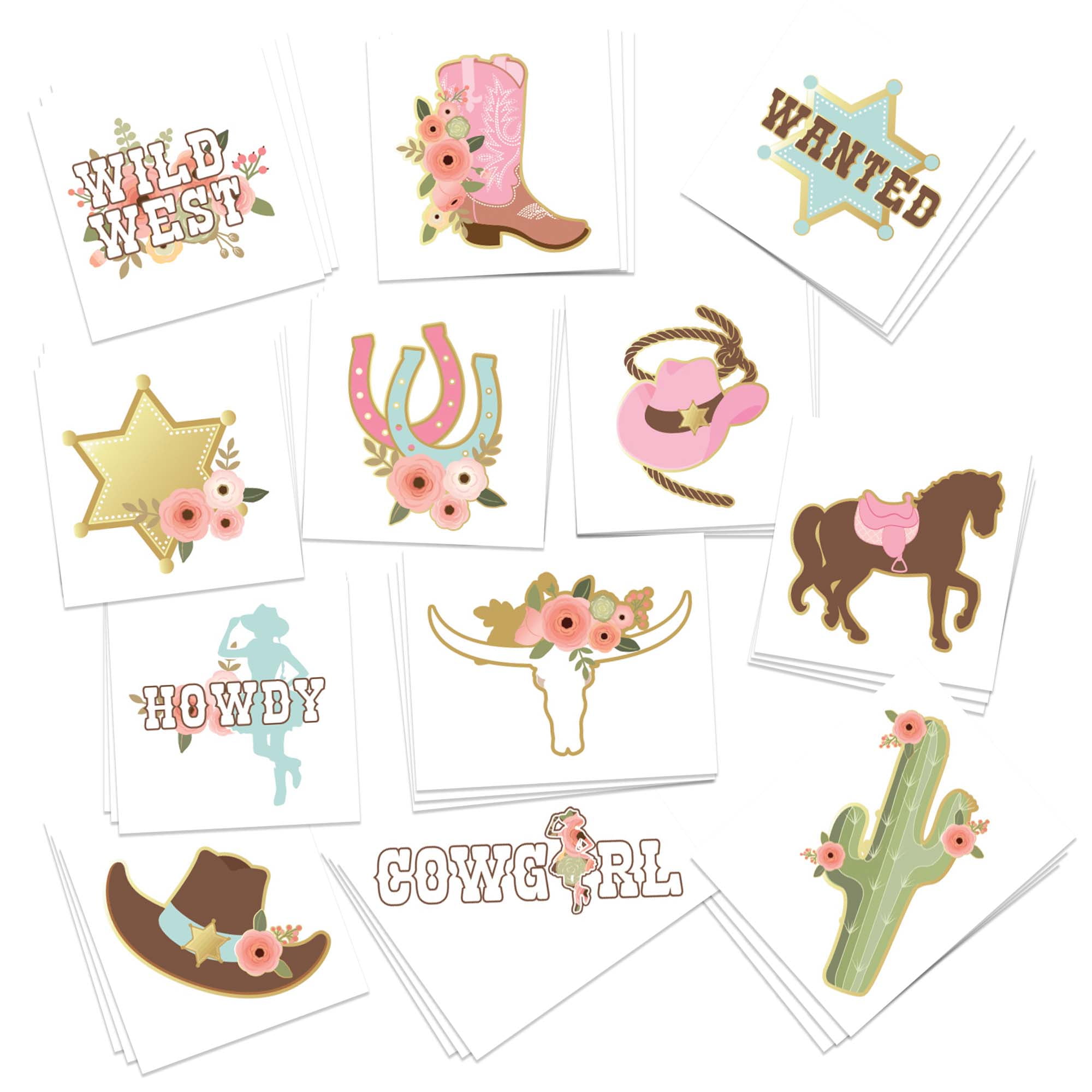 FashionTats Cowgirl Temporary Tattoos | Pack of 36 | Color & Sparkling Gold Foil | MADE IN THE ...