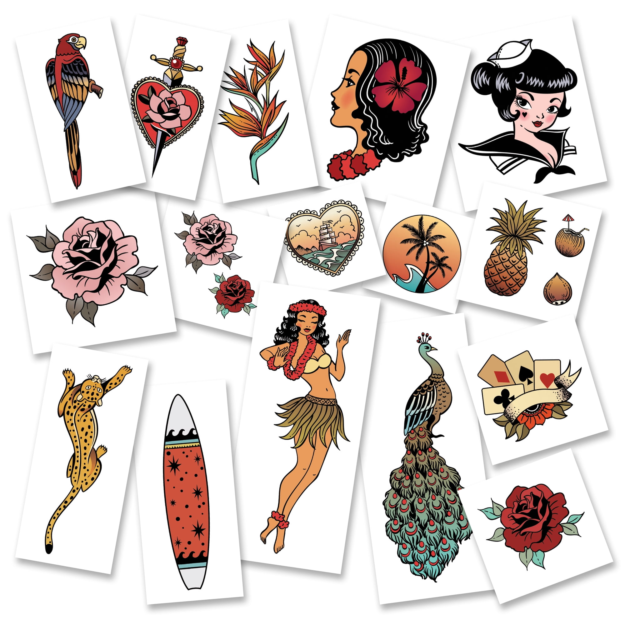 FashionTats Old School Hawaiian Temporary Tattoos | Pack of 16 | Sailor ...