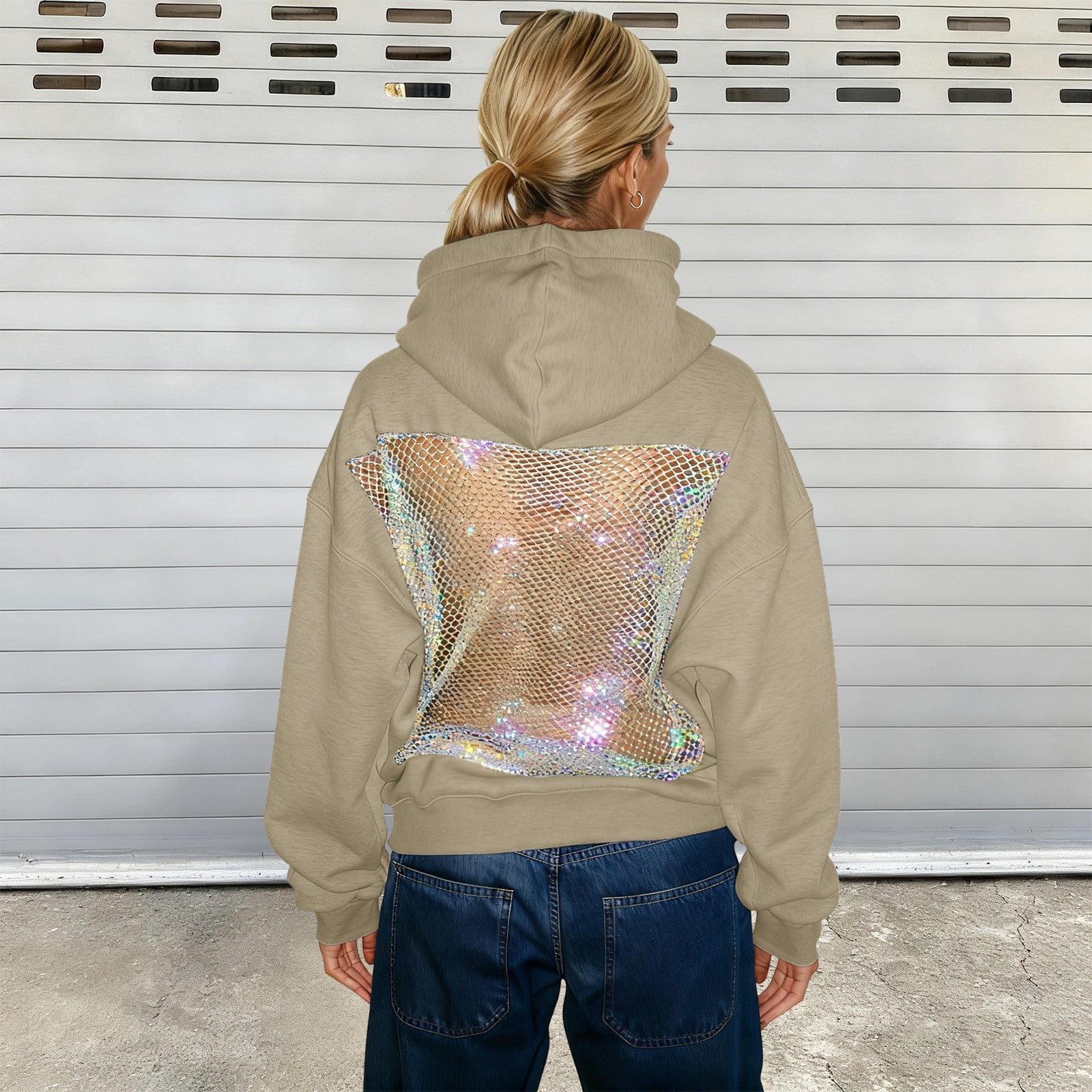 Fashionable Backless Mesh Cropped Pullover Hoodie for Women Stylish ...