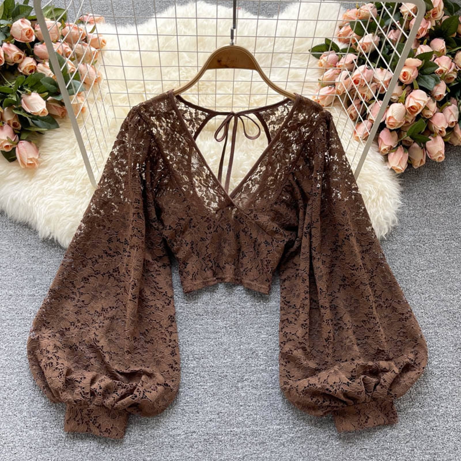 Fashionable Backless Sheer Lace Blouse For Women Slim Fit Short Tops With Tie Detail For Autumn ...