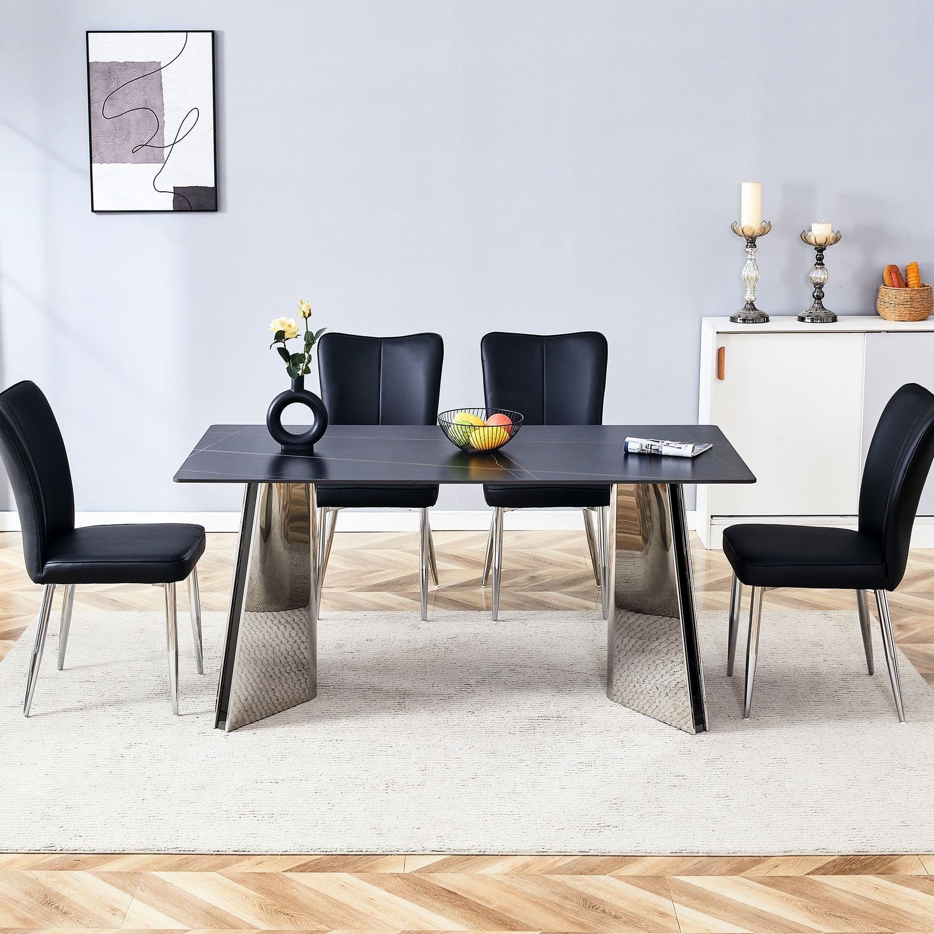 Fashionable Black Dining Table And 4 Pu Seats With A Heat- Tabletop ...