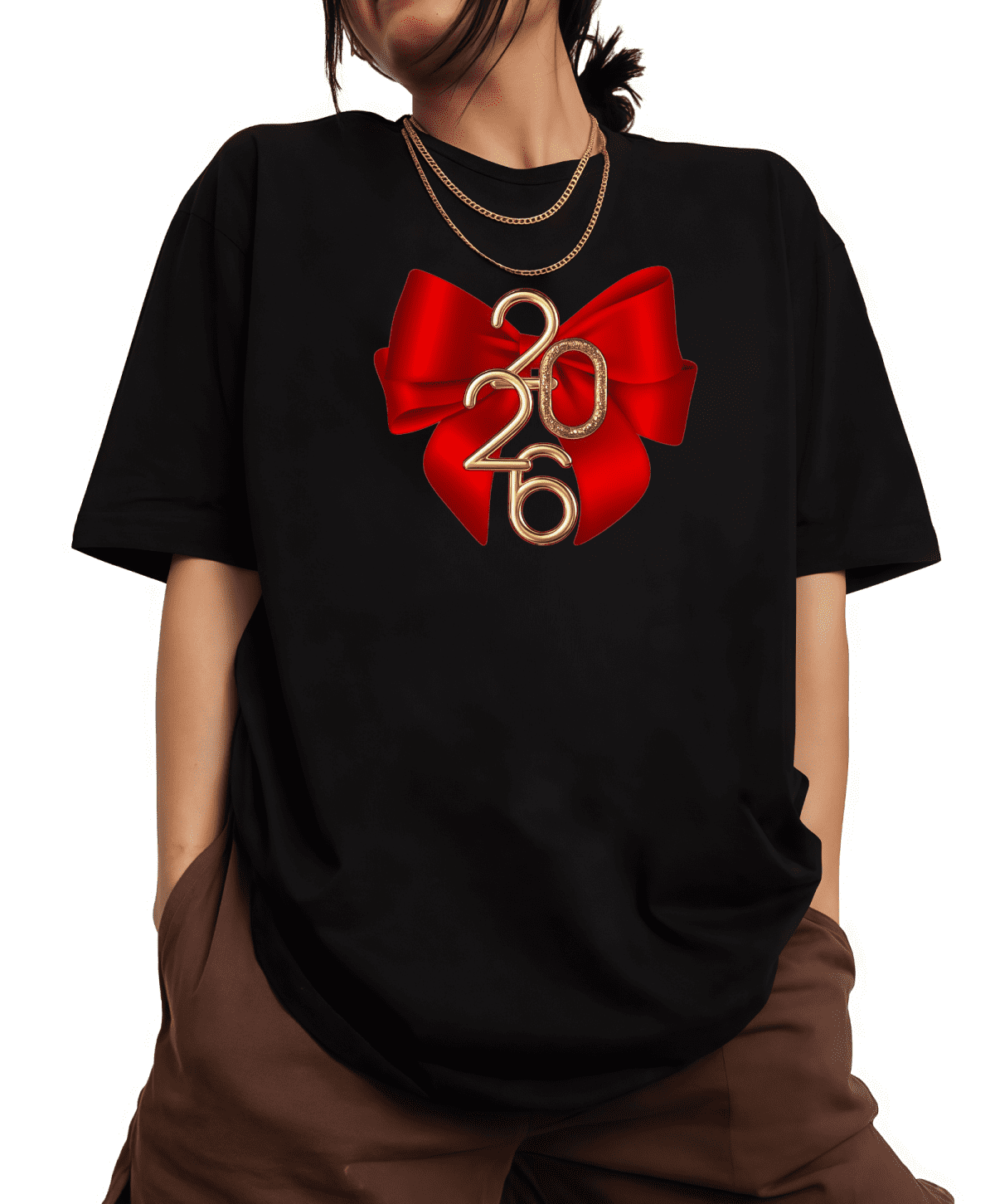 Fashionable Black S-5XL New Year Themed Print Tshirt 2026 Bow Gold ...