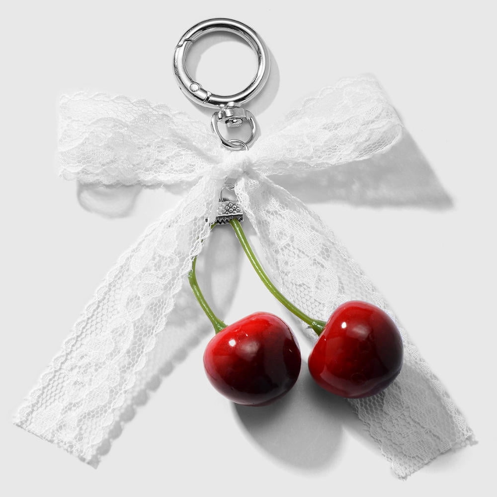 Fashionable Bow Knot Cherry Keychain with Leopard Print Faux Pearl Bow Keyring Women Versatile ...