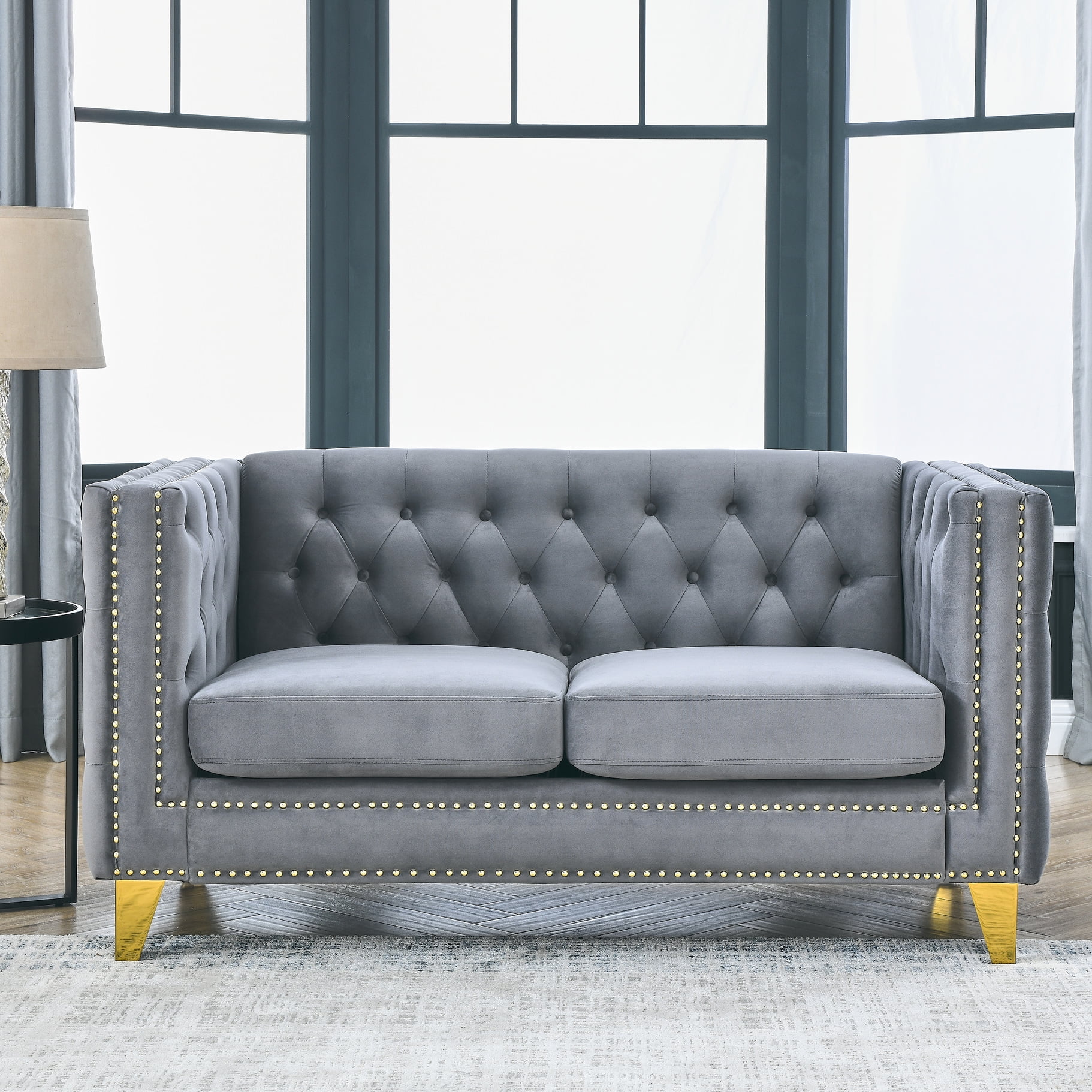 Fashionable Button Grey Velvet Couch For Living Room Cozy With ...
