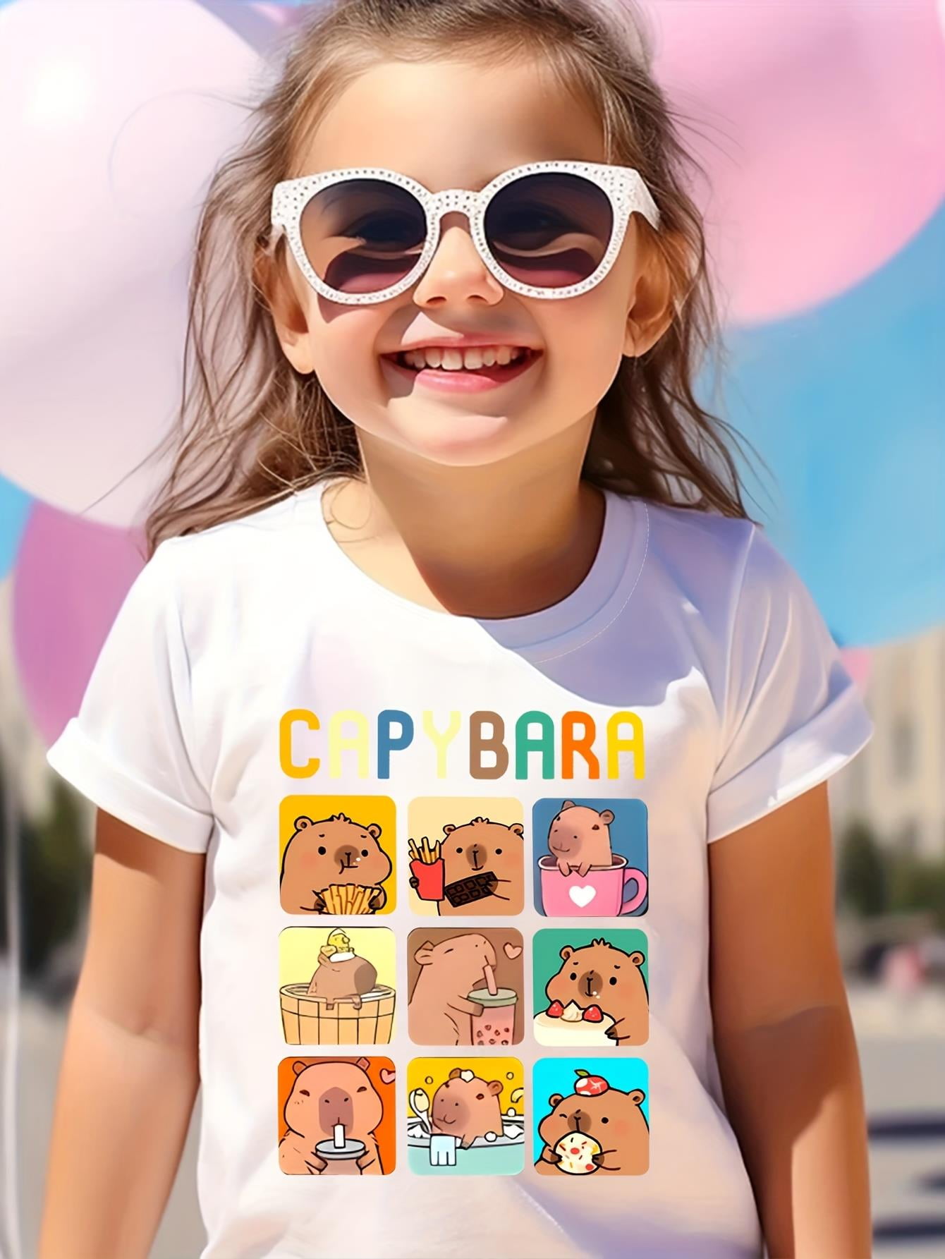 Fashionable Girls' T-Shirt Featuring a Capybara Print in a Nine-Grid ...