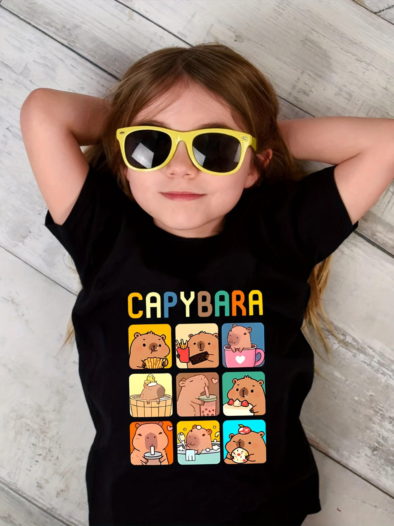 Fashionable Girls' T-Shirt Featuring a Capybara Print in a Nine-Grid ...