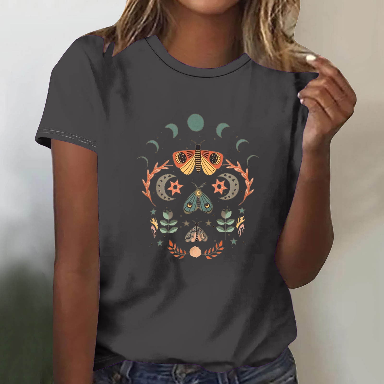 Fashionable Graphic Print Short Sleeve Tee for Women | Black/Red/Wine ...