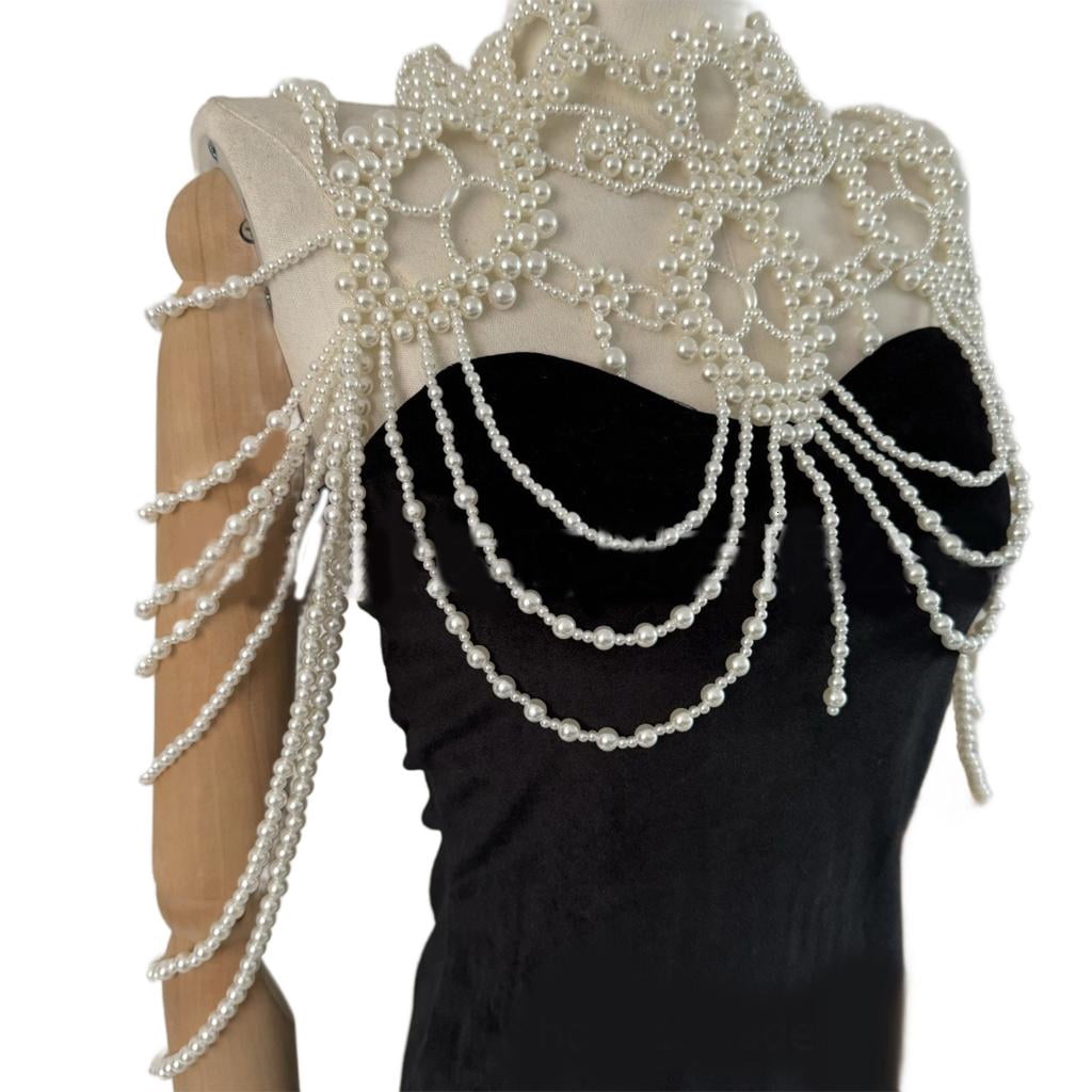 Fashionable Layered Pearls Chest Shawl Metal Chain Necklace Jewelry For ...