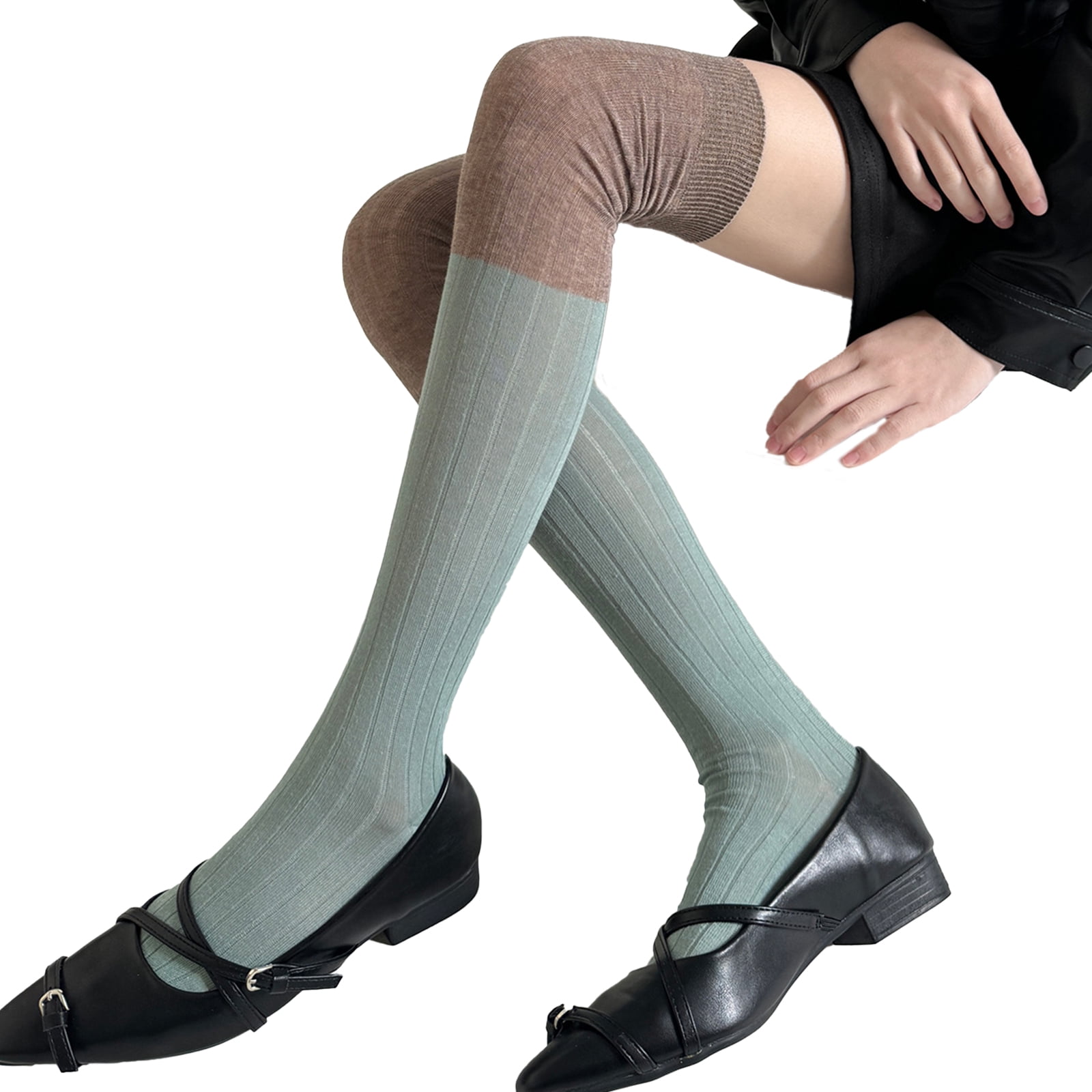 Fashionable Over Knee Long Tube Socks Ribbed Knit Striped Contrast ...