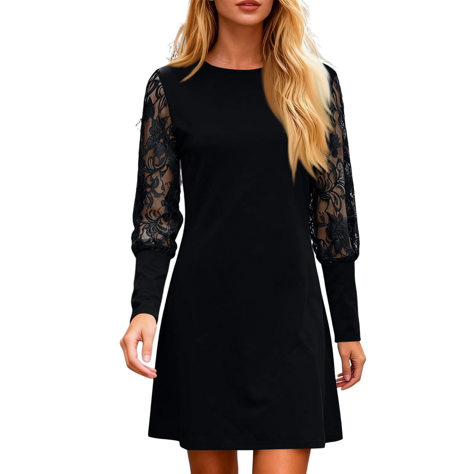 Fashionable Patchwork Lace Long-sleeved Round Neck Dress Solid Chic ...