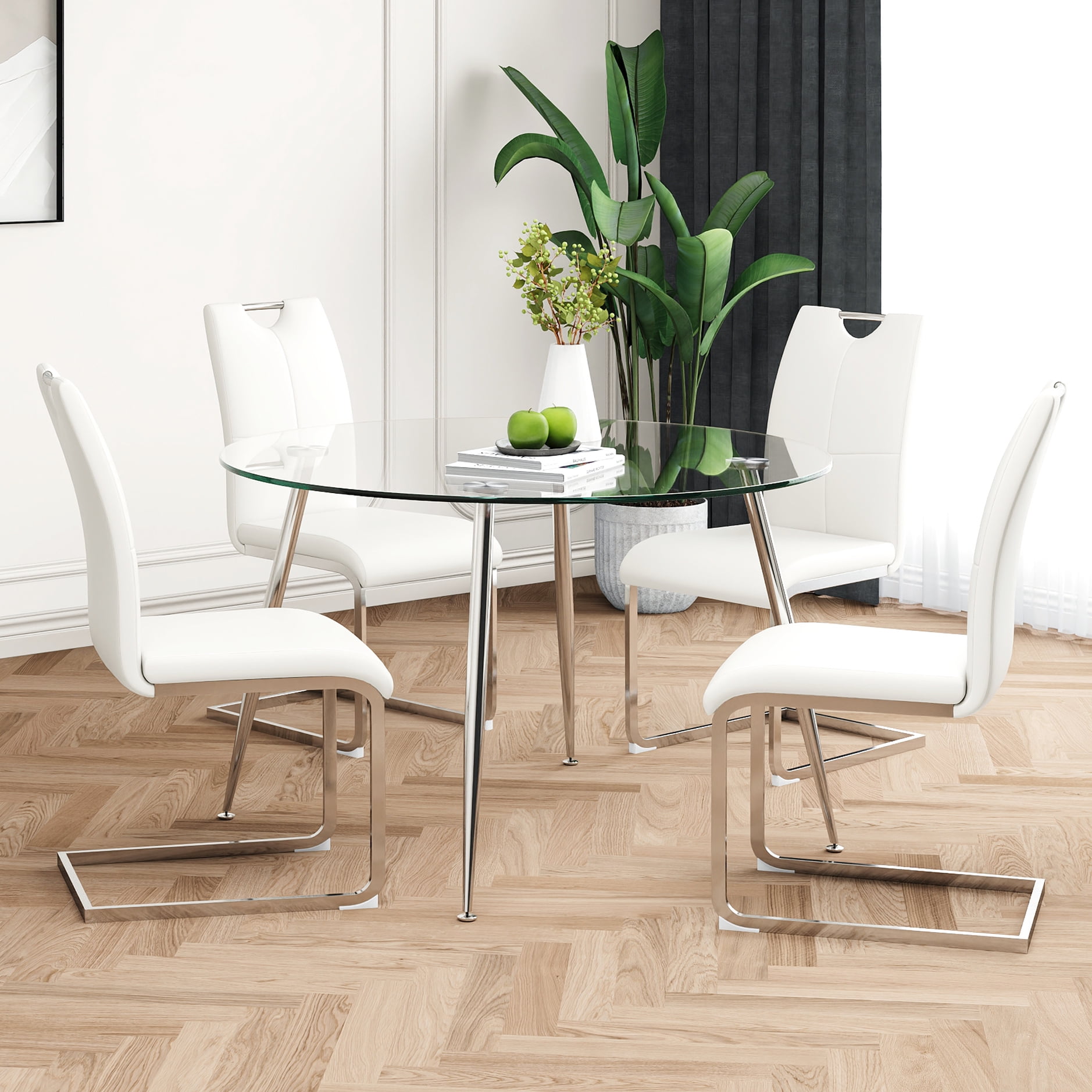 Fashionable Round Glass Table With White Pu Chair , Suited For Kitchen ...