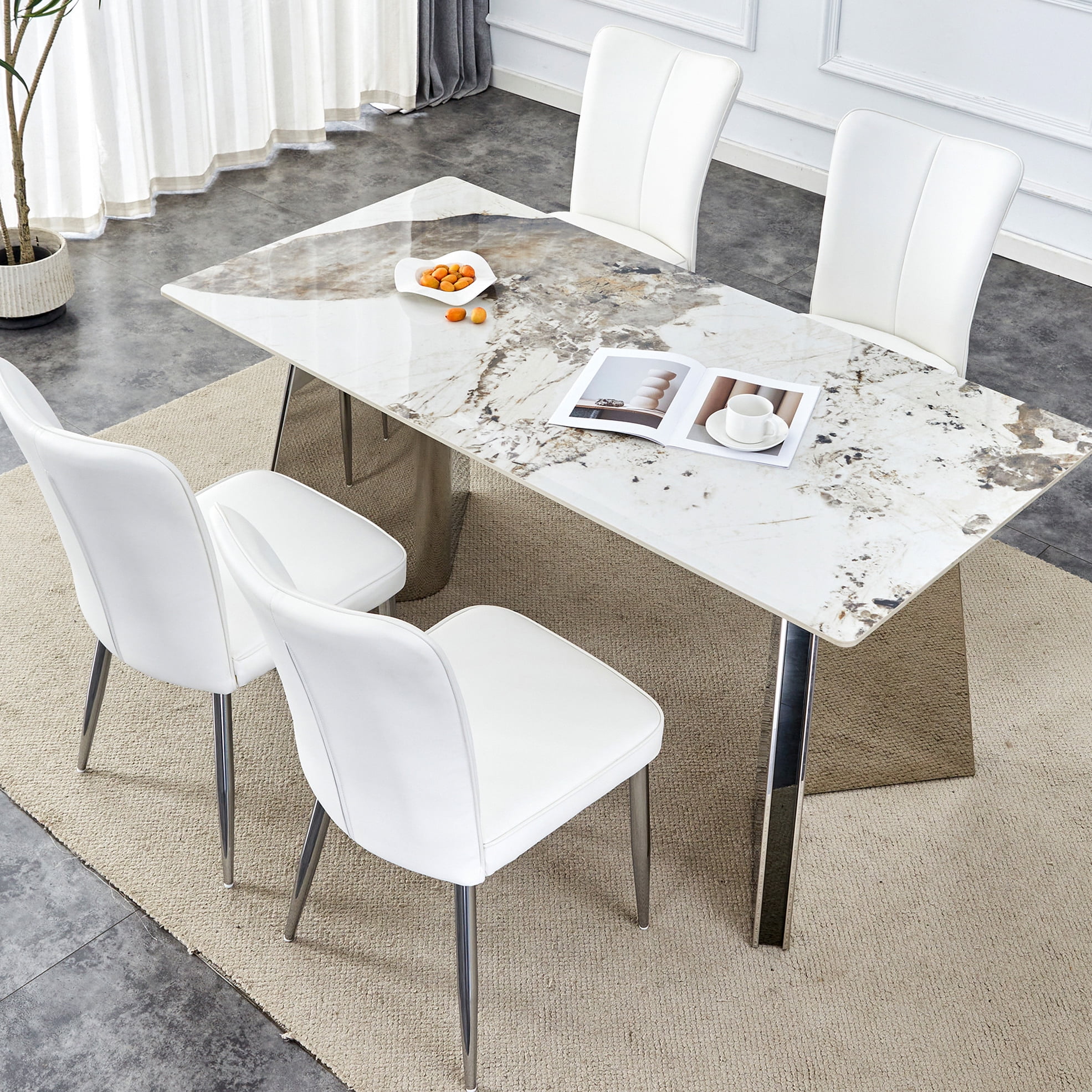 Fashionable Sintered Stone Table And Chair - 63" With Design Element, 4 White Pu Chairs Vertical ...
