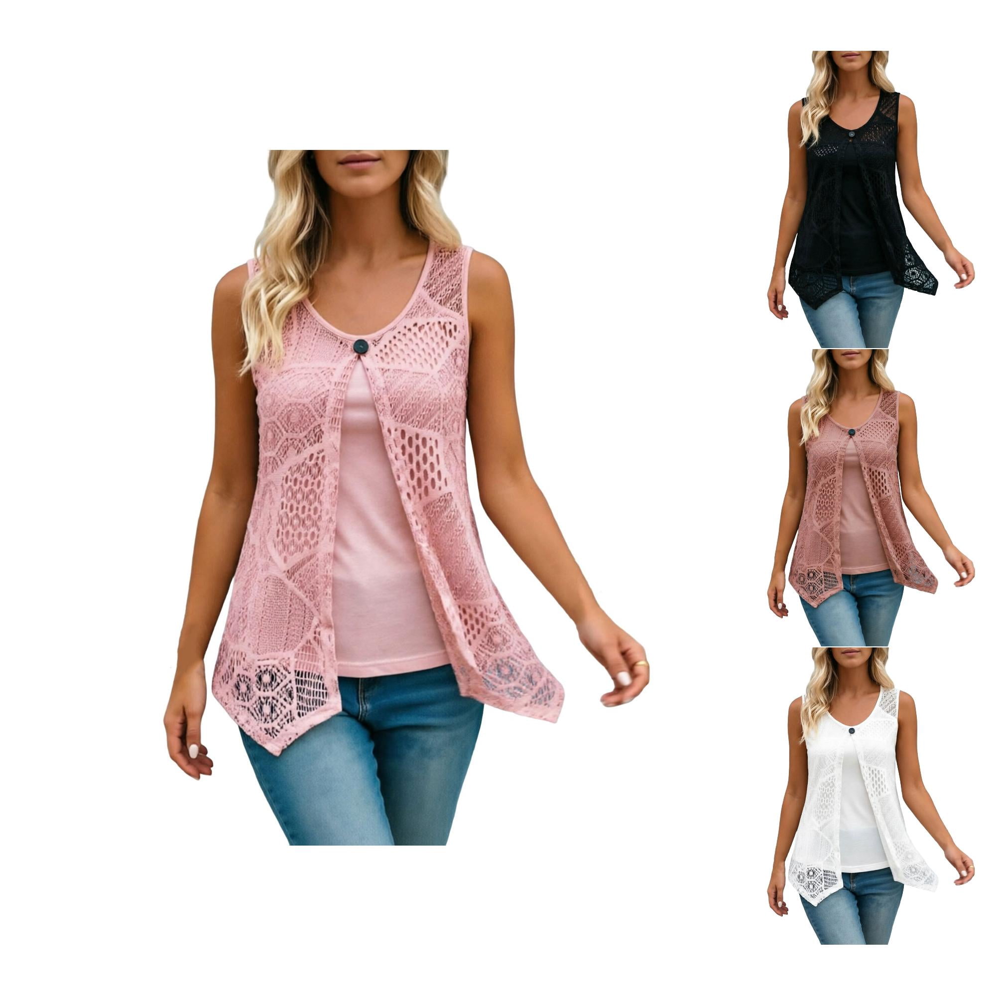 Fashionable Sleeveless Mesh Layered Vest Top with Decorative Buttons ...