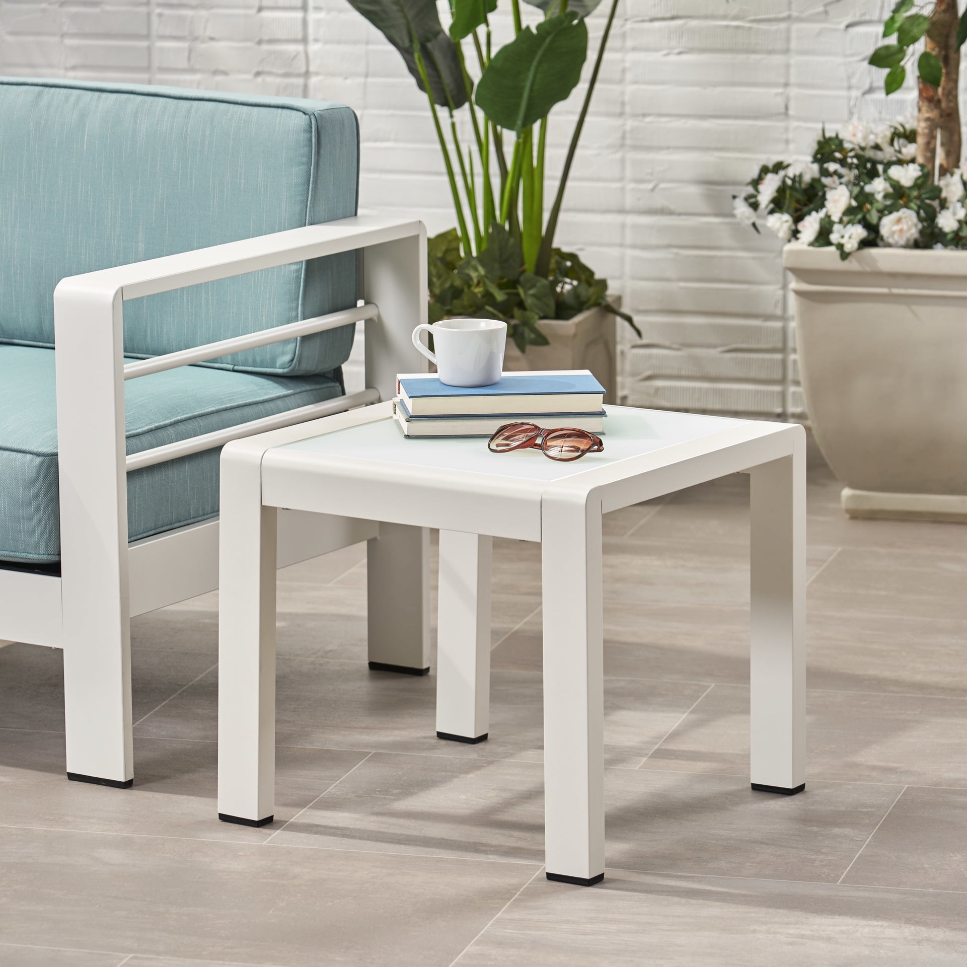Fashionable White Aluminum Outdoor Side Table With Safe Tempered Glass ...