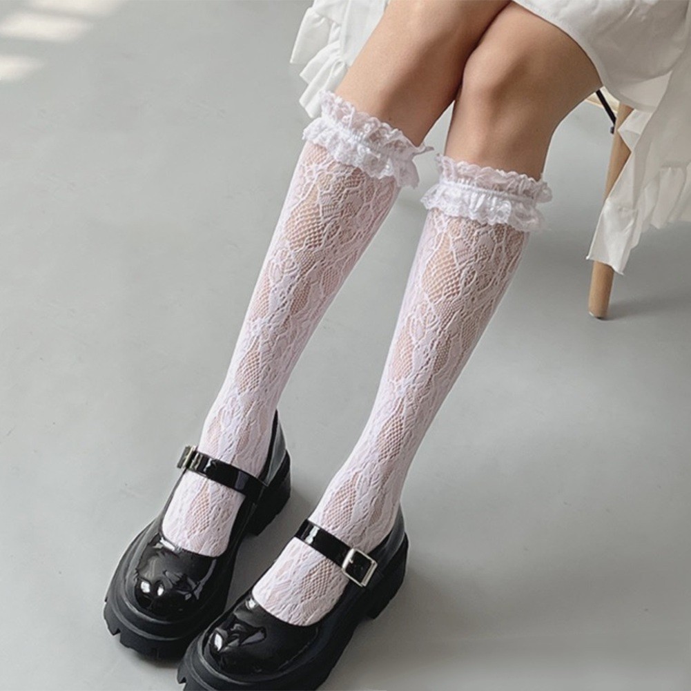Fashionable White Lace Fishnet Socks Women Jk Lolita Long Midcalf Socks White 1 - Walmart.com
