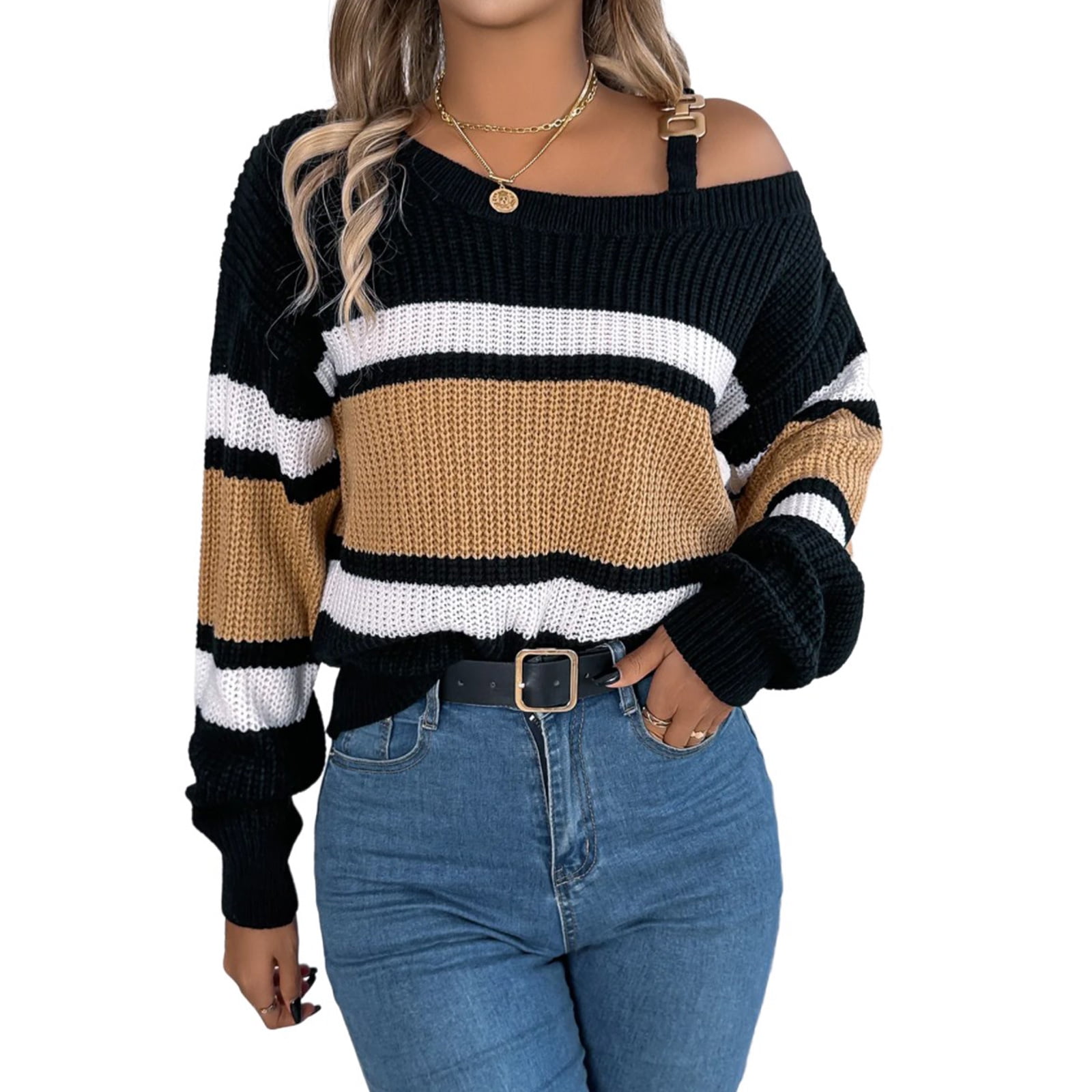 Fashionable Women Metal Buckle Cold Shoulder Knitted Top Long Puff ...