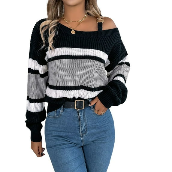 Fashionable Women Metal Buckle Cold Shoulder Knitted Top Long Puff ...