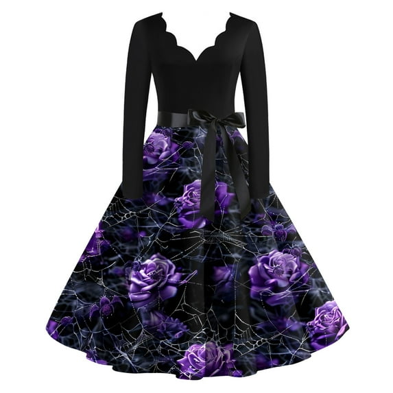 Fashionable Women's Casual V-neck Long-sleeved Halloween Printed Dress ...