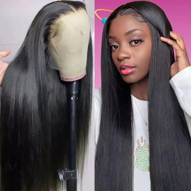Fashionable light golden straight hair front lace mid-parting straight ...