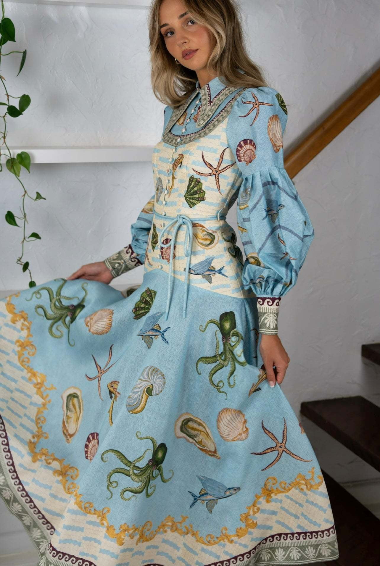 Fashionable linen Peter Pan collar cardigan dress with a full skirt ...
