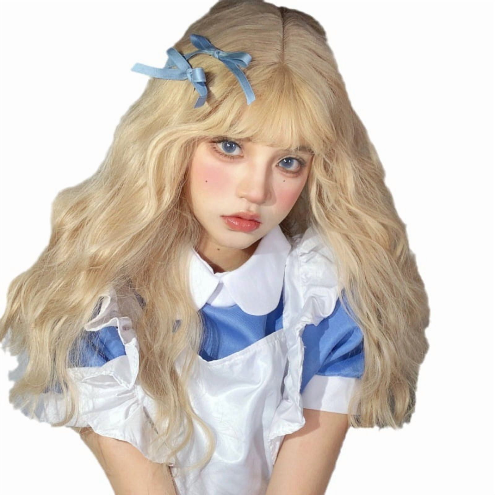 Fashionable long wavy curly hair golden corn perm wool curl natural wig ...