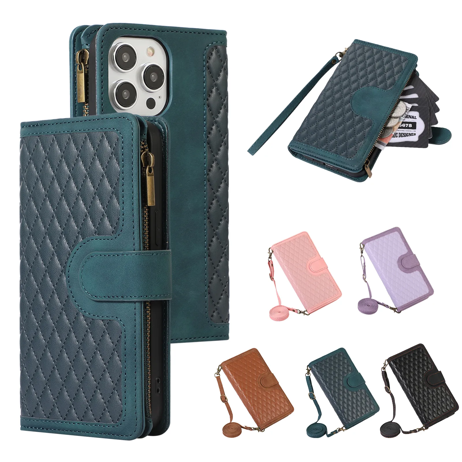 Fashionable luxury phone case with cross shaped wristband flip zipper ...