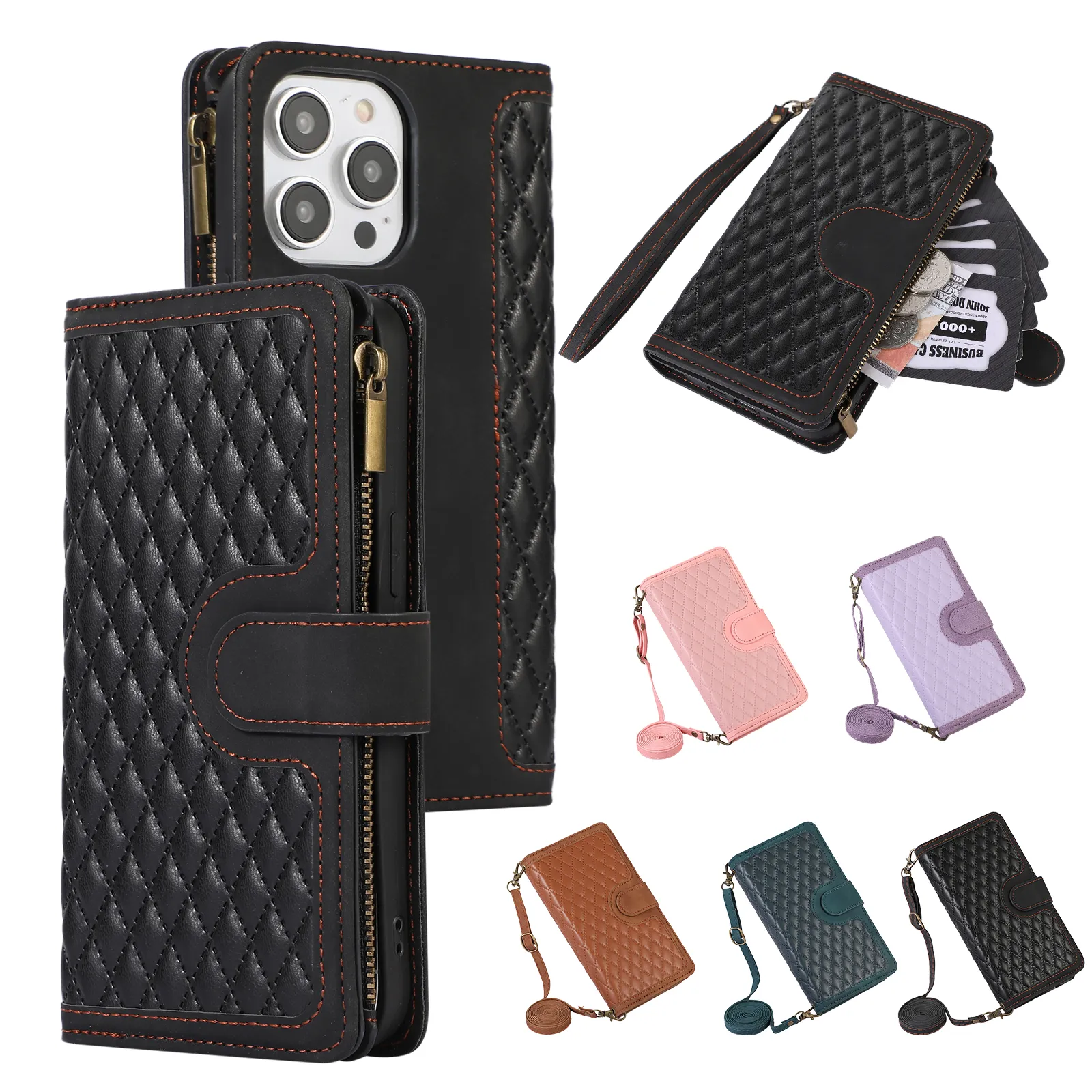 Fashionable luxury phone case with cross shaped wristband flip zipper ...