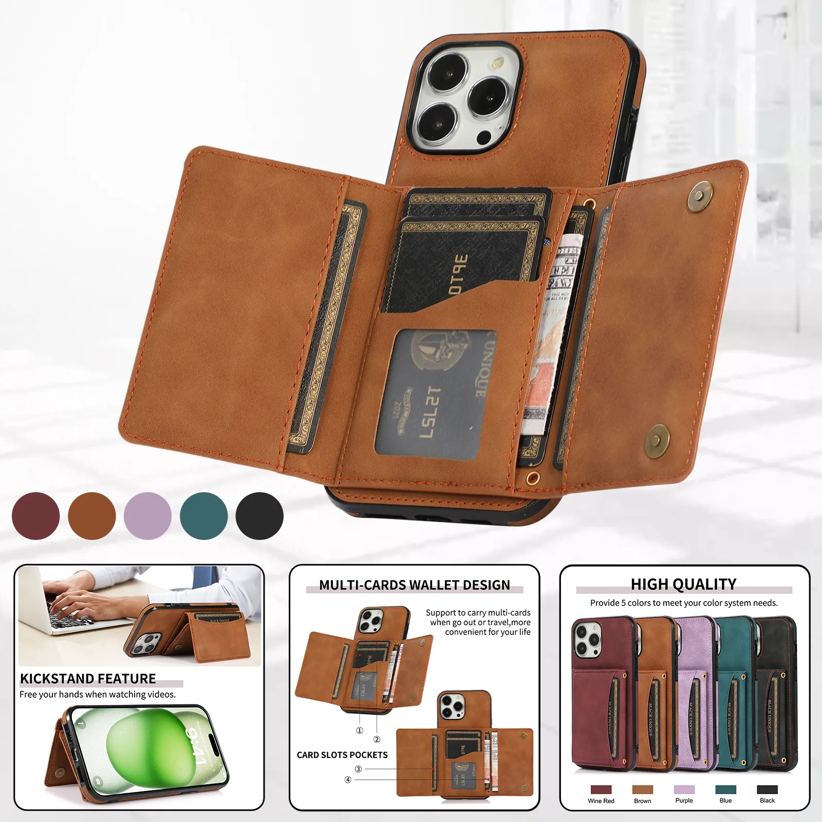 Fashionable luxury three fold multi card slot phone case PU leather ...