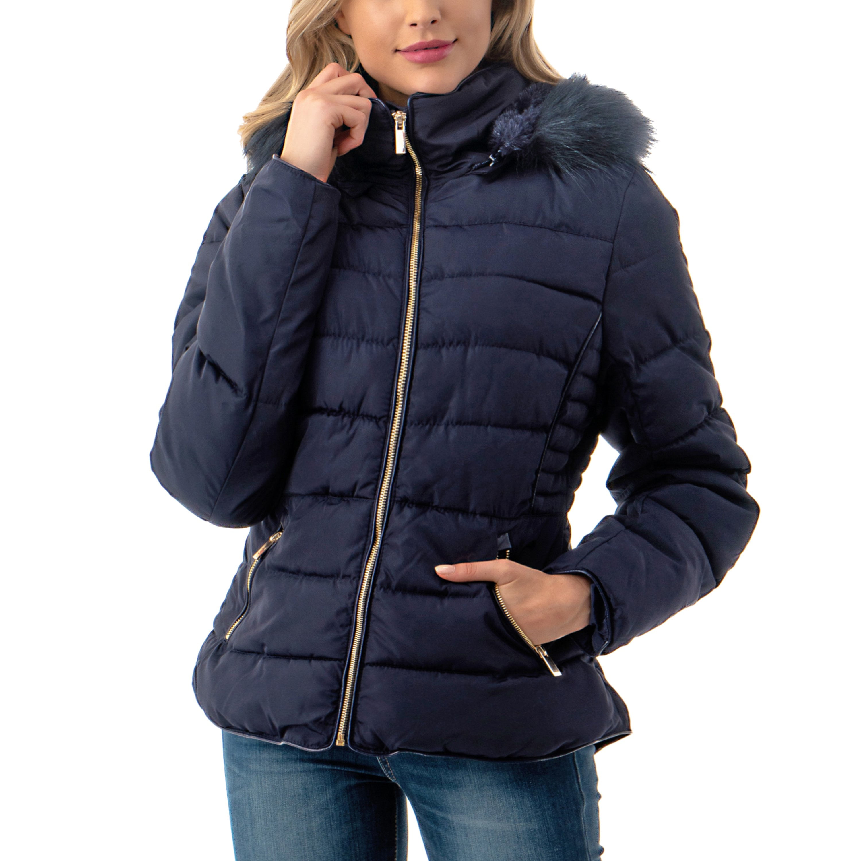 Fashionazzle Women's Short Puffer Coat with Removable Faux Fur Trim ...