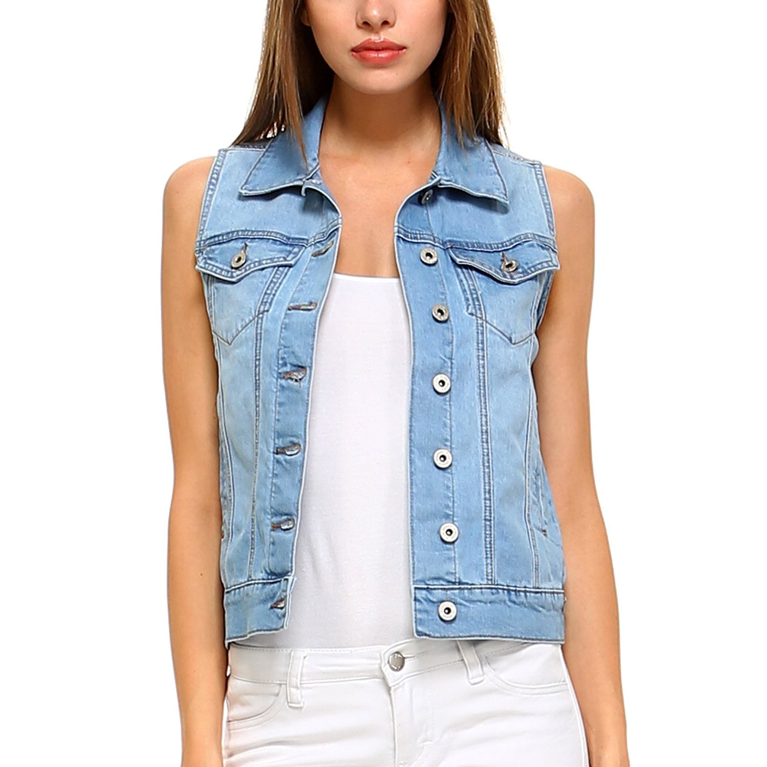 Fashionazzle Women's Sleeveless Button up Casual Denim Vest Jacket ...