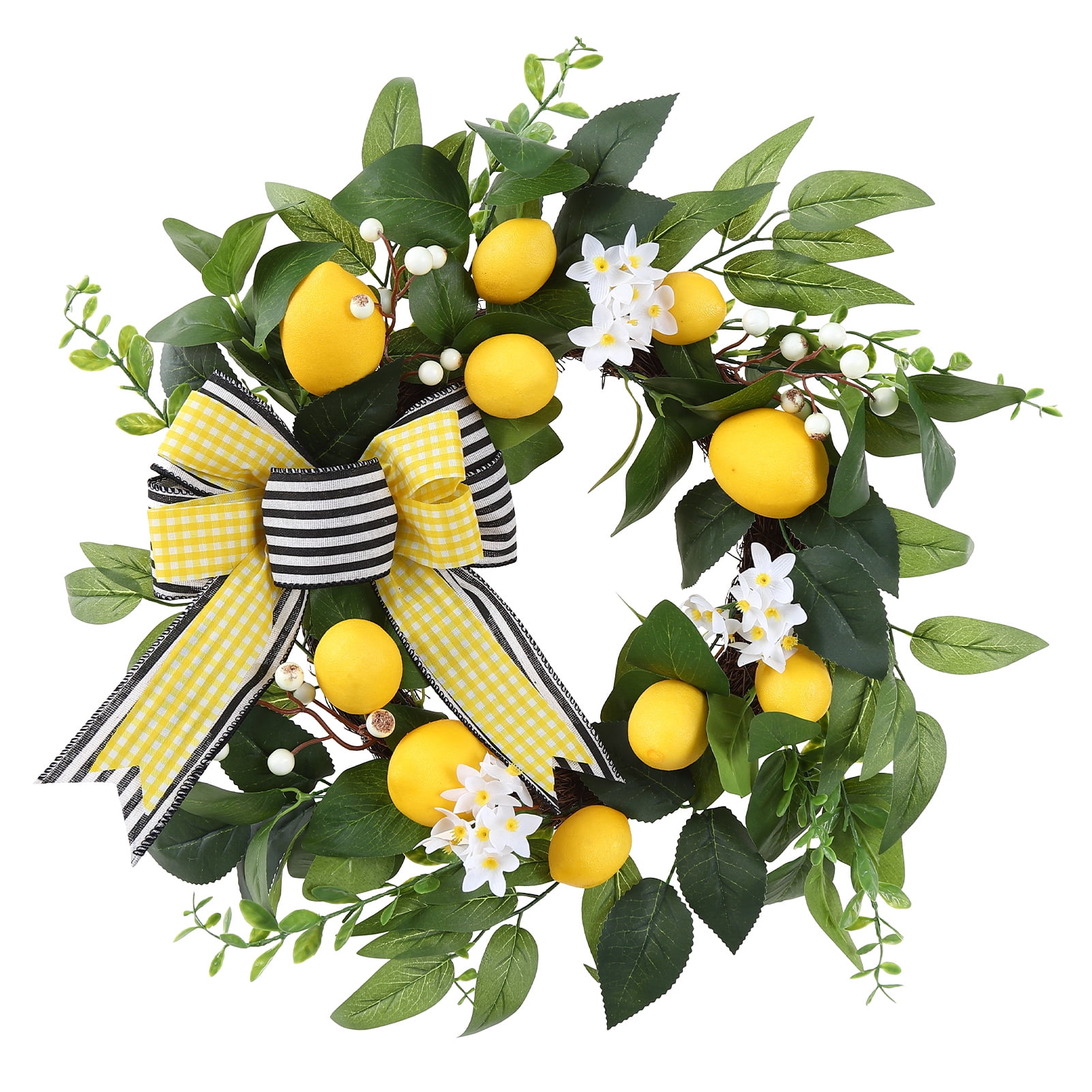 Fashionwu 20" Artificial Lemon Door Wreath, Spring Summer Lemon Garland with Large Bow Greenery ...