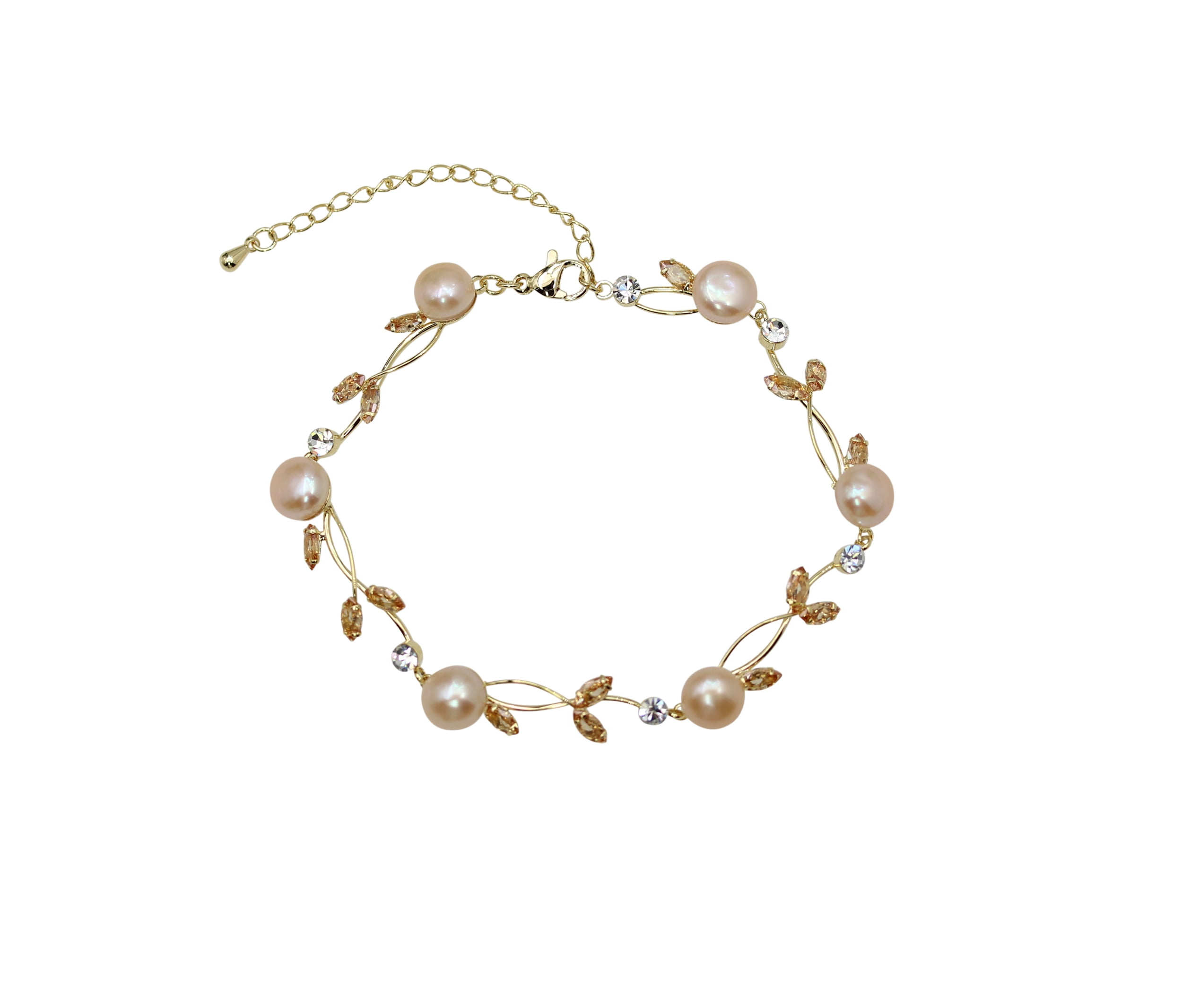 Faship Champagne CZ Crystal Genuine Freshwater Pearls Floral Bracelet 7 ...