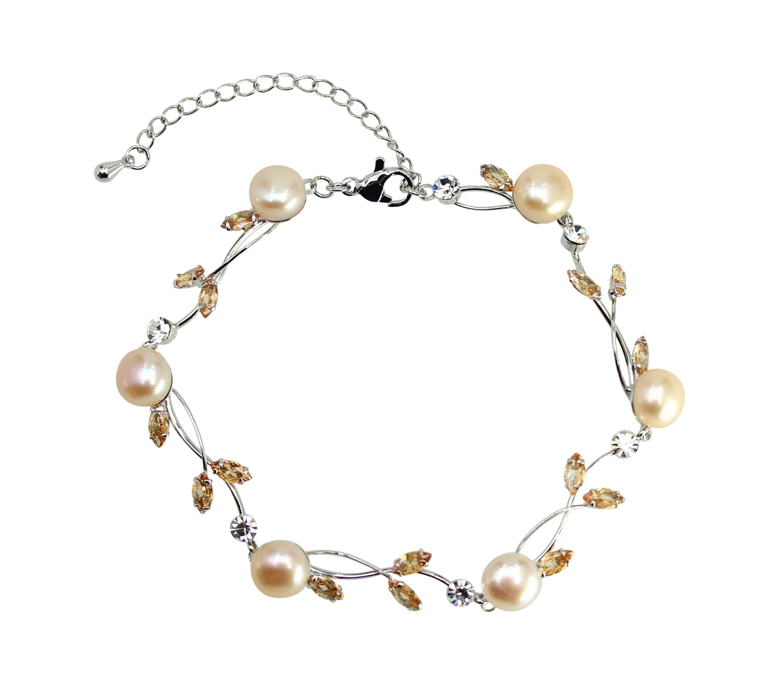 Faship Champagne CZ Crystal Genuine Freshwater Pearls Floral Bracelet 7 ...