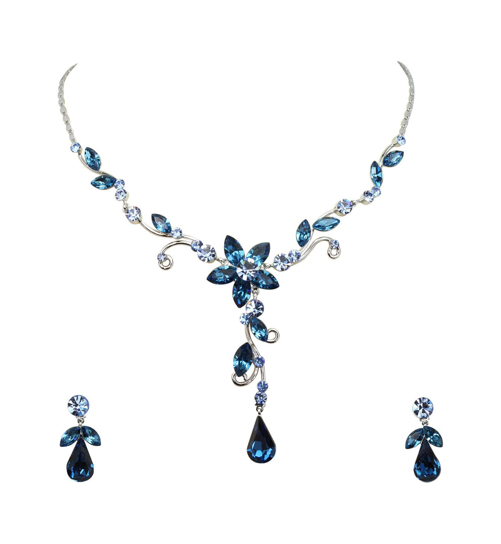 Faship Gorgeous Dark Blue Rhinestone Crystal Floral Necklace Earrings ...