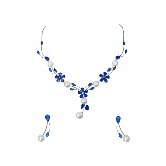 Faship Gorgeous Royal Blue CZ Crystal Genuine Freshwater Pearls Floral ...