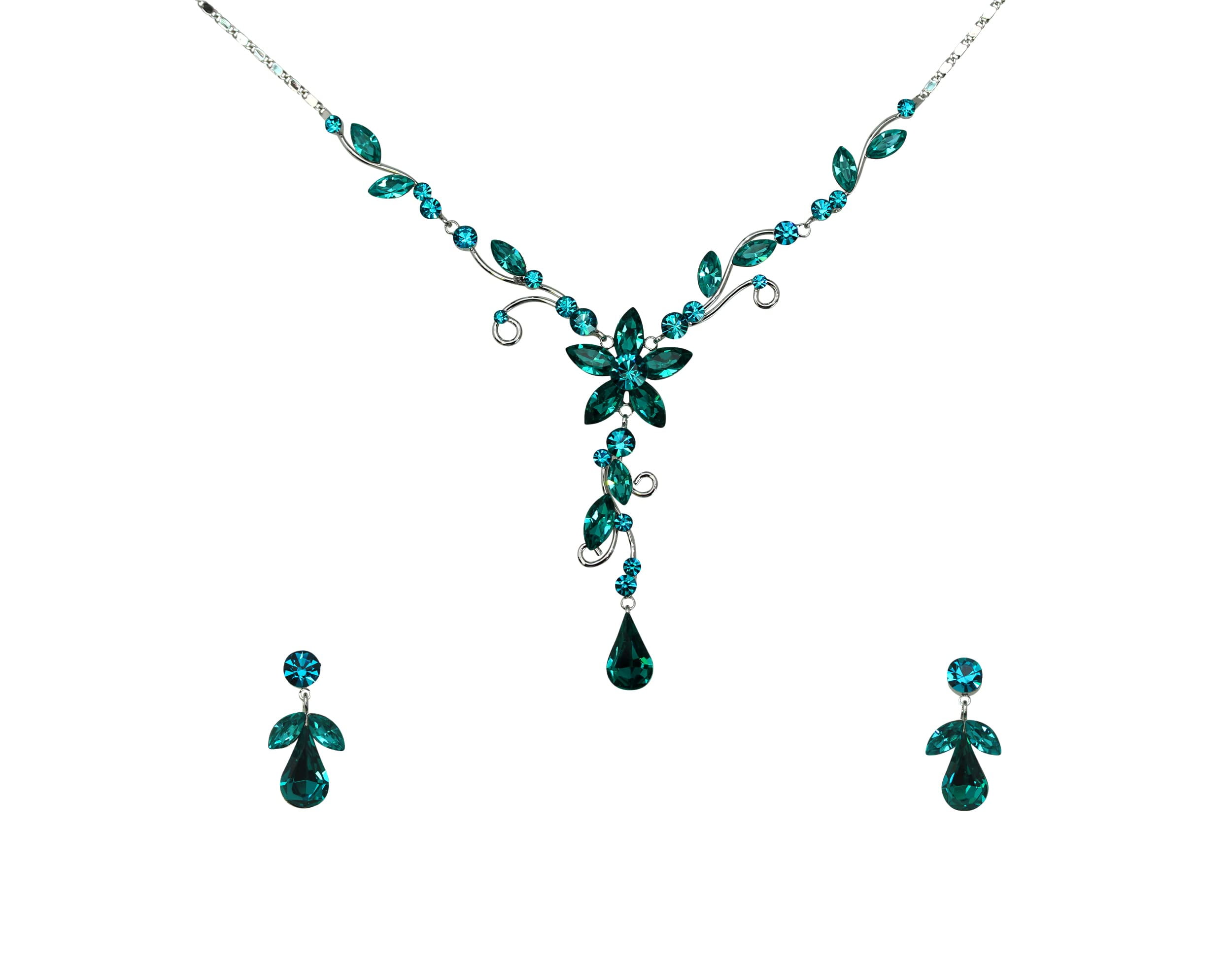 Faship Gorgeous Teal Rhinestone Crystal Floral Necklace Earrings Set ...
